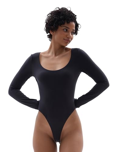 SHAPERX Women's Long Sleeve Scoop Neck Bodysuit Fits Everybody Soft Body Suits Tops, SZ5260-Black-M
