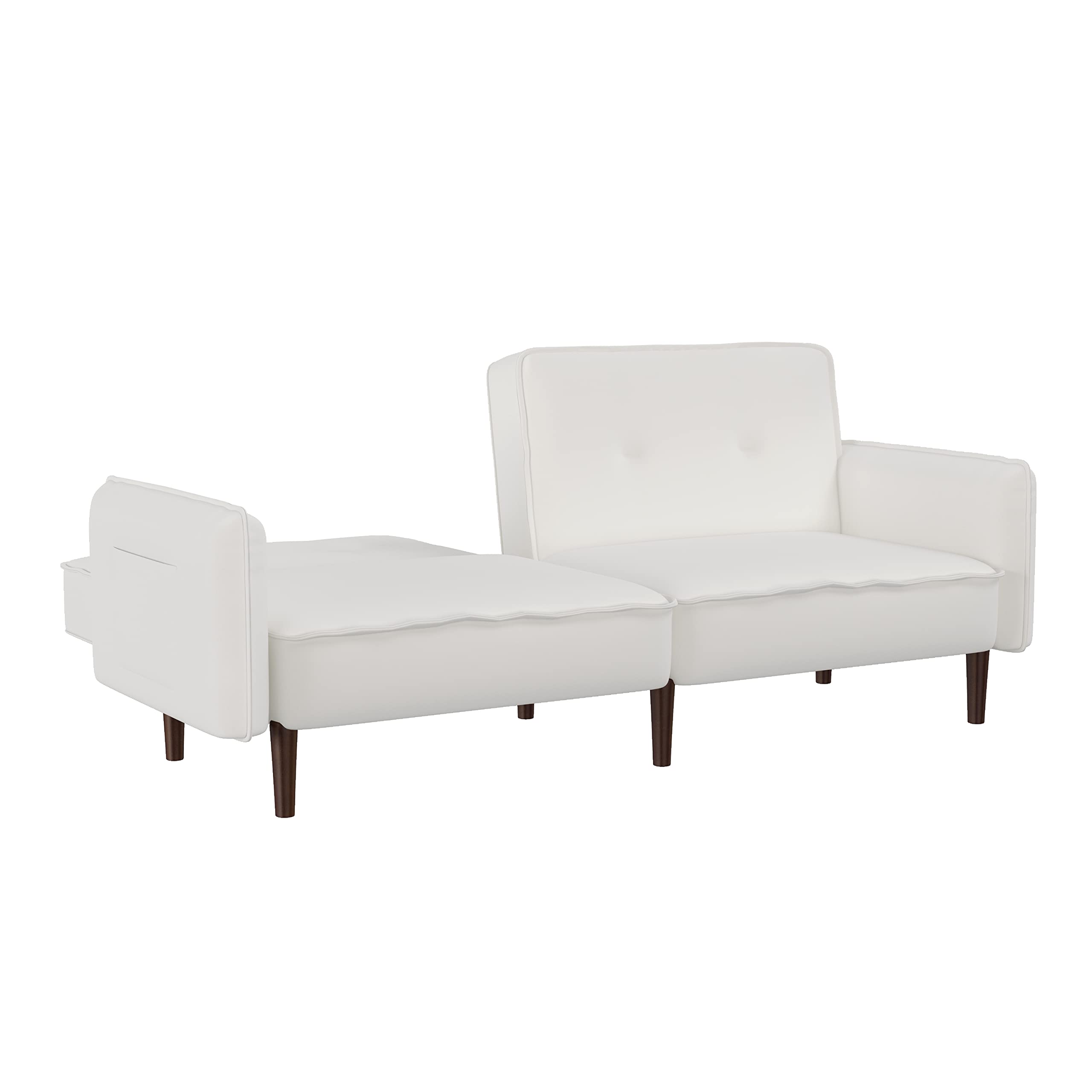POCIYIHOME Leisure Adjustable Back, Convertible Couch Chaise with 2 Pockets, Upholstered Loveseat with 2 Pillows, 2 Seater Sleeper Living Room, White, 75" Velvet Futon Sofa Bed