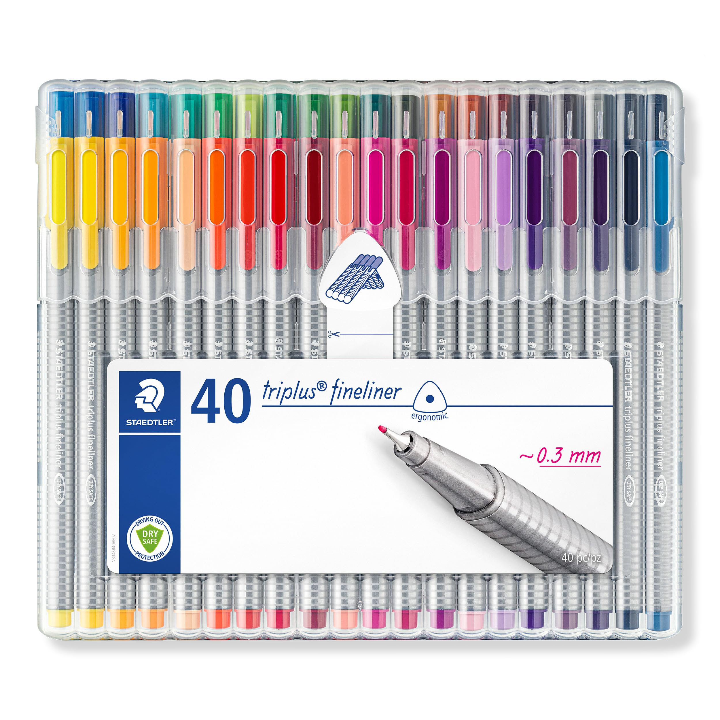 STAEDTLER 334 SB40 | Triplus | Fineliner | Staedtler Box | Triangular Pens | 0.3mm | 40 Assorted Cores