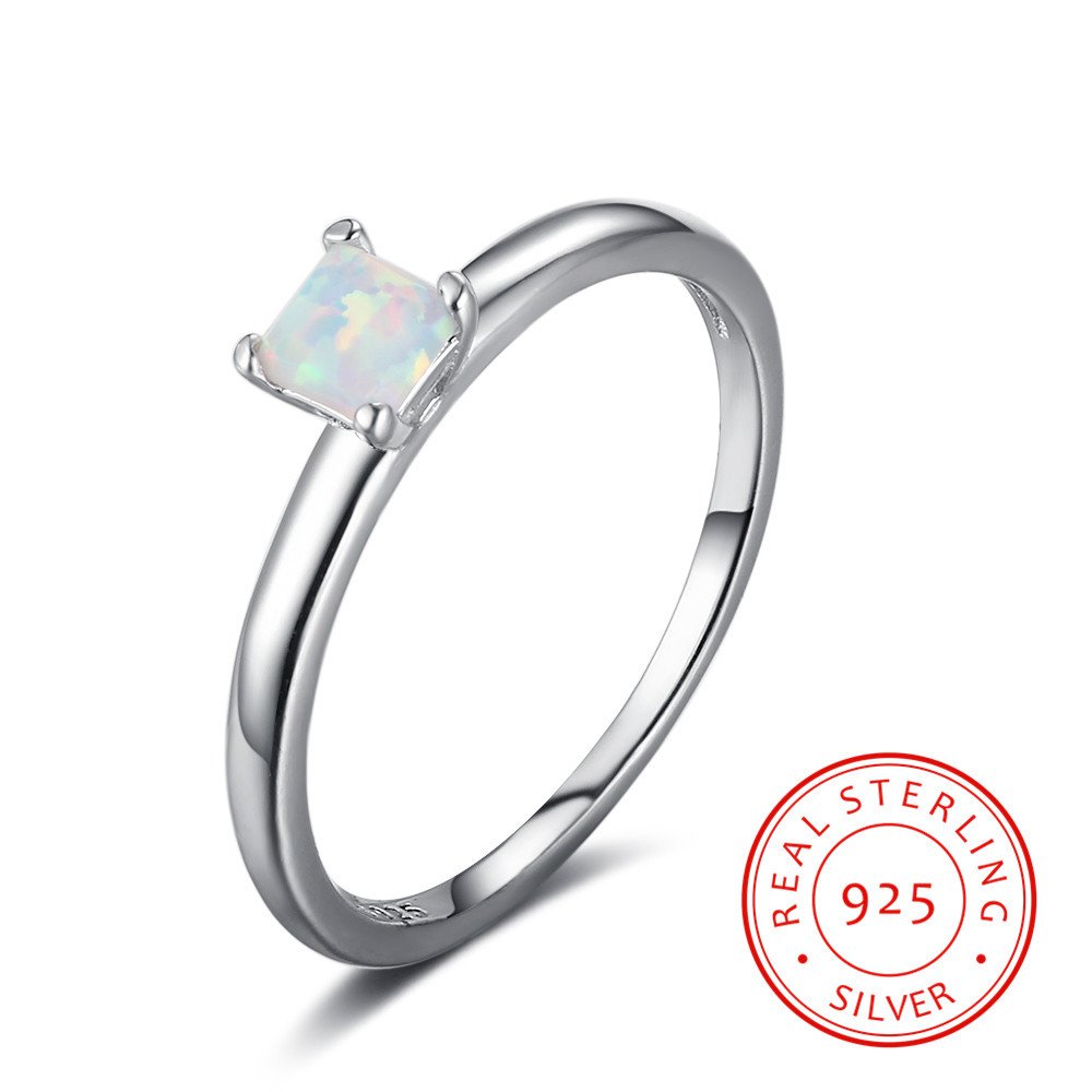 SILBERTALE Opal Ring 925 Sterling Silver Small Birthstone Princess Cut Opal Solitaire Promise Engagement Ring Women Stacking Wedding Band Size 8