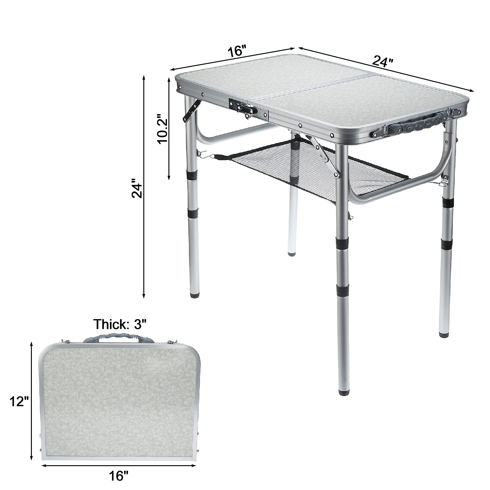 XMSound Folding Camping Table with Storage, Height Adjustable Portable Foldable Aluminum Camp Table, Lightweight Small Folding Table for Outdoor Indoor, Camp, Picnic, Beach