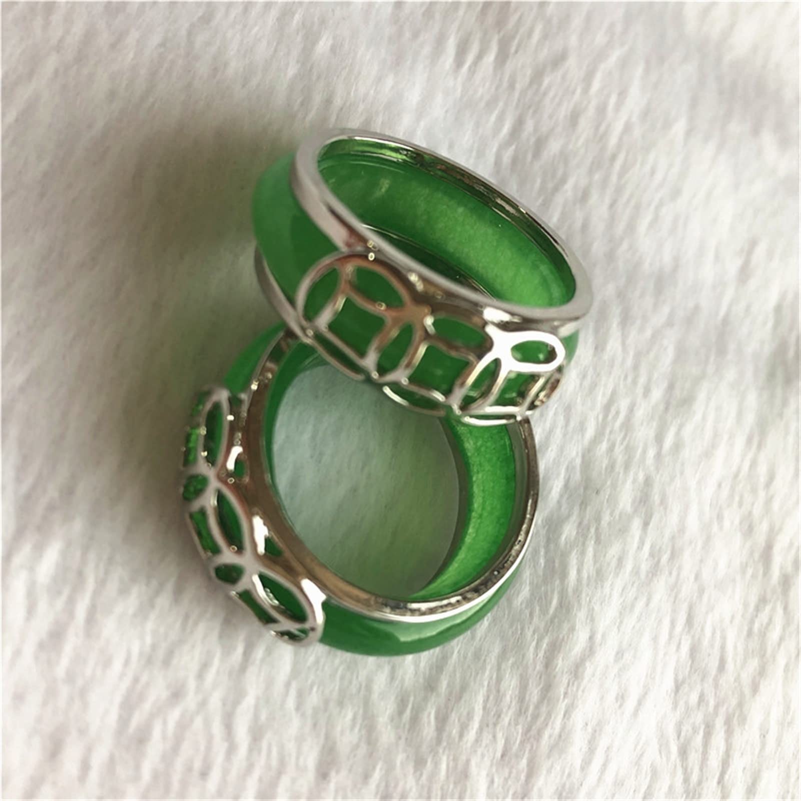 XIAOKUGUA 2PCS Elegent Hand Carving Green Purple Jades Ring Size :7-9 (Main Stone Color : Gold and Silver, Ring Size : 8)