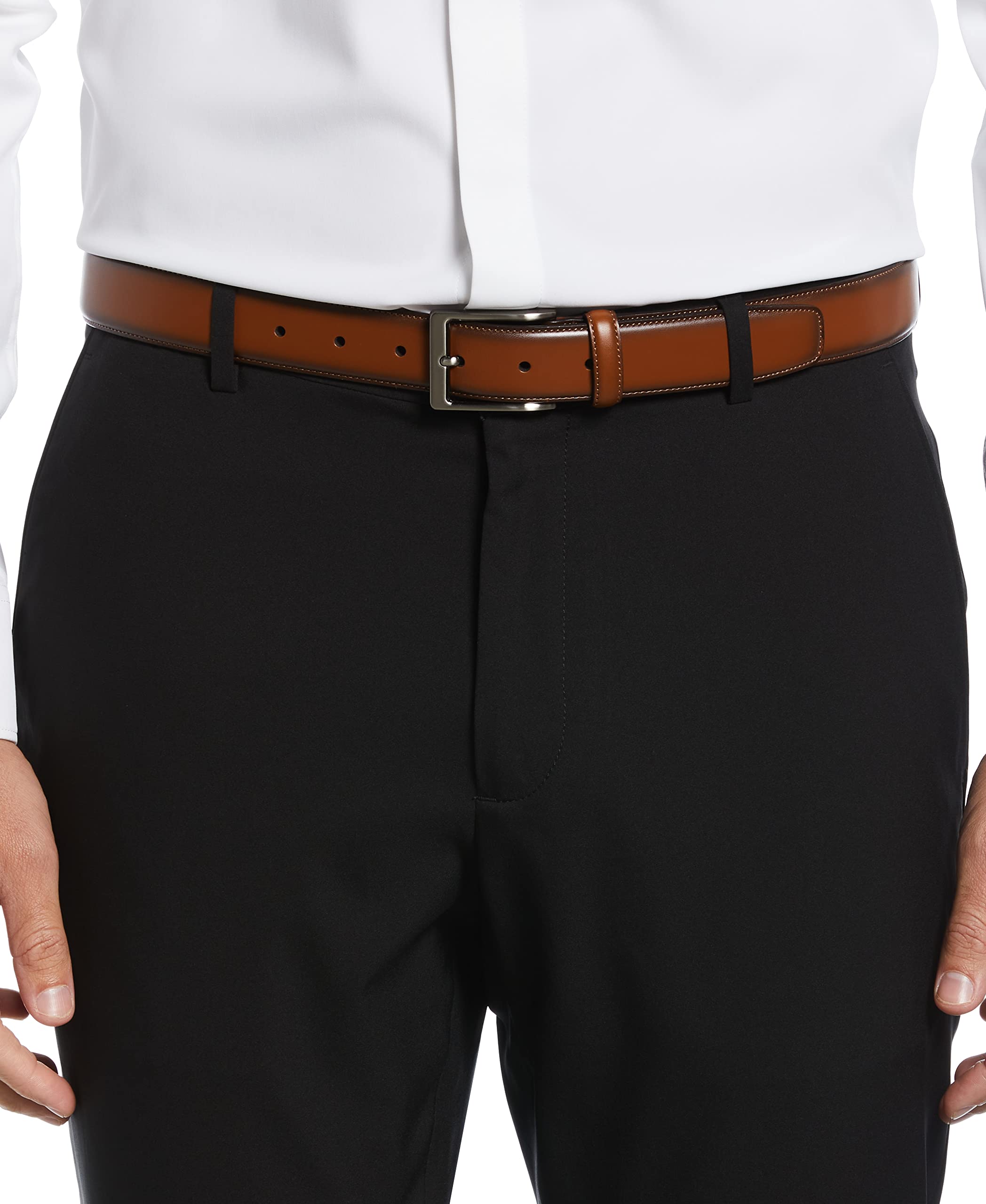 Perry Ellis Men's Leather Amigo Dress Belt, Luggage Brown, 36