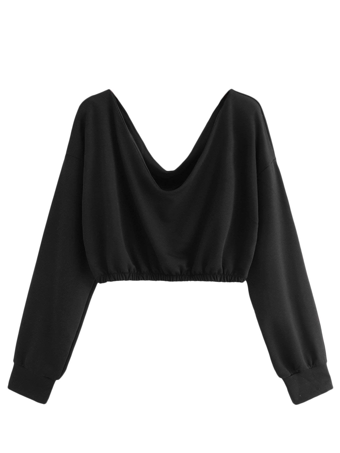 Verdusa Women's V Neck Pullover Long Sleeve Crop Top Sweatshirt Black XS