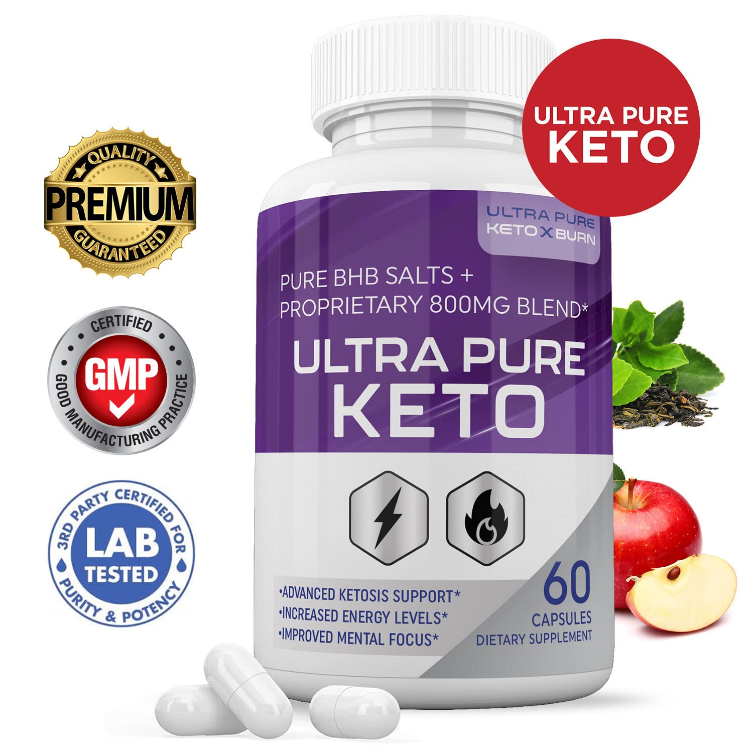 Ultra Pure Keto X Burn Pills Advanced BHB Ketogenic Supplement Exogenous Ketones Ketosis for Men Women 60 Capsules 3 Bottles