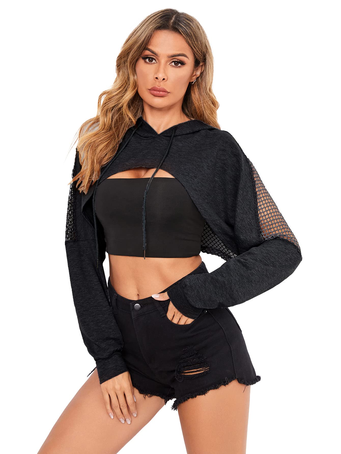 Verdusa Women's Sheer Fishnet Drop Shoulder Drawstring Hoodie Crop Sweatshirt Black S