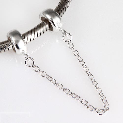 Safety Chain with Rubber Stopper Beads 925 Sterling Silver Safety Chain Charms Fits European Bracelet (Silver)