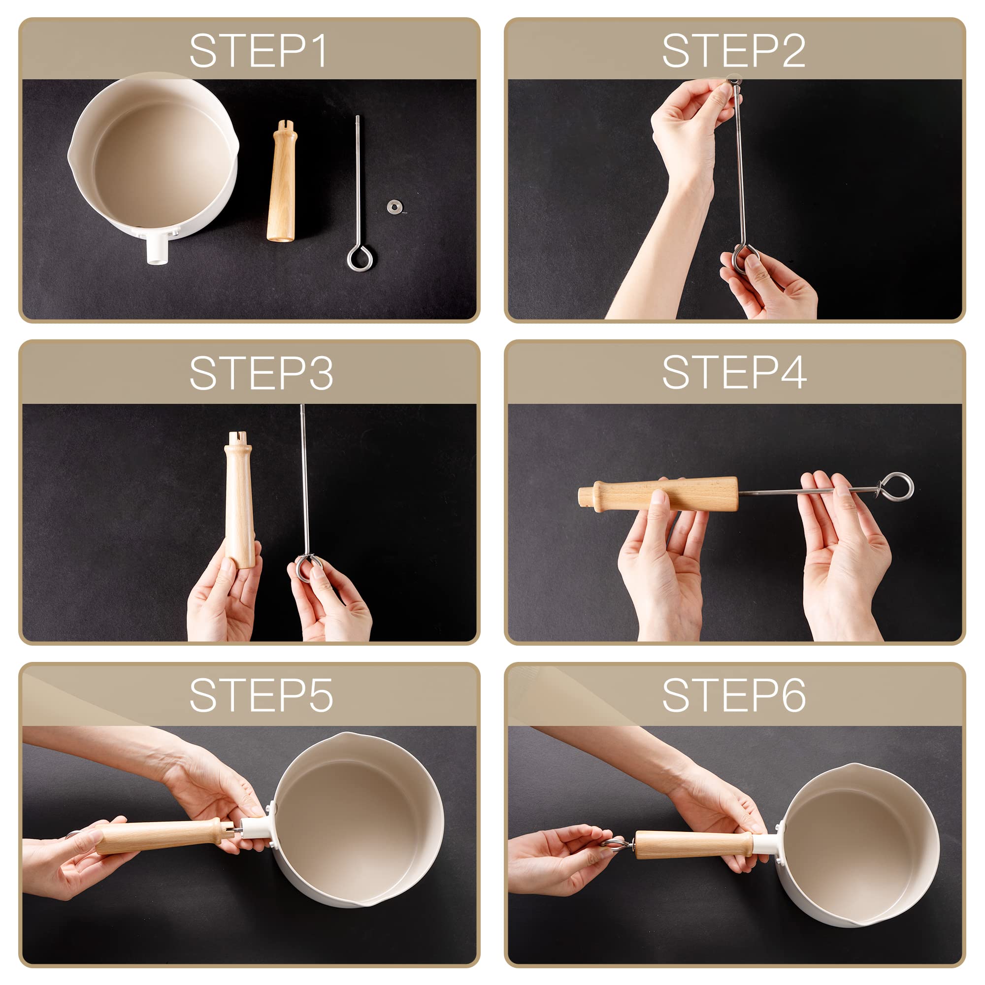 ROCKURWOK Ceramic Nonstick Sauce Pan, 1.5 QT Small Pot, Non Toxic & PFAS-Free, Wooden Handle for Cool Touch, Universal Base(Gas, Electric & Induction), White
