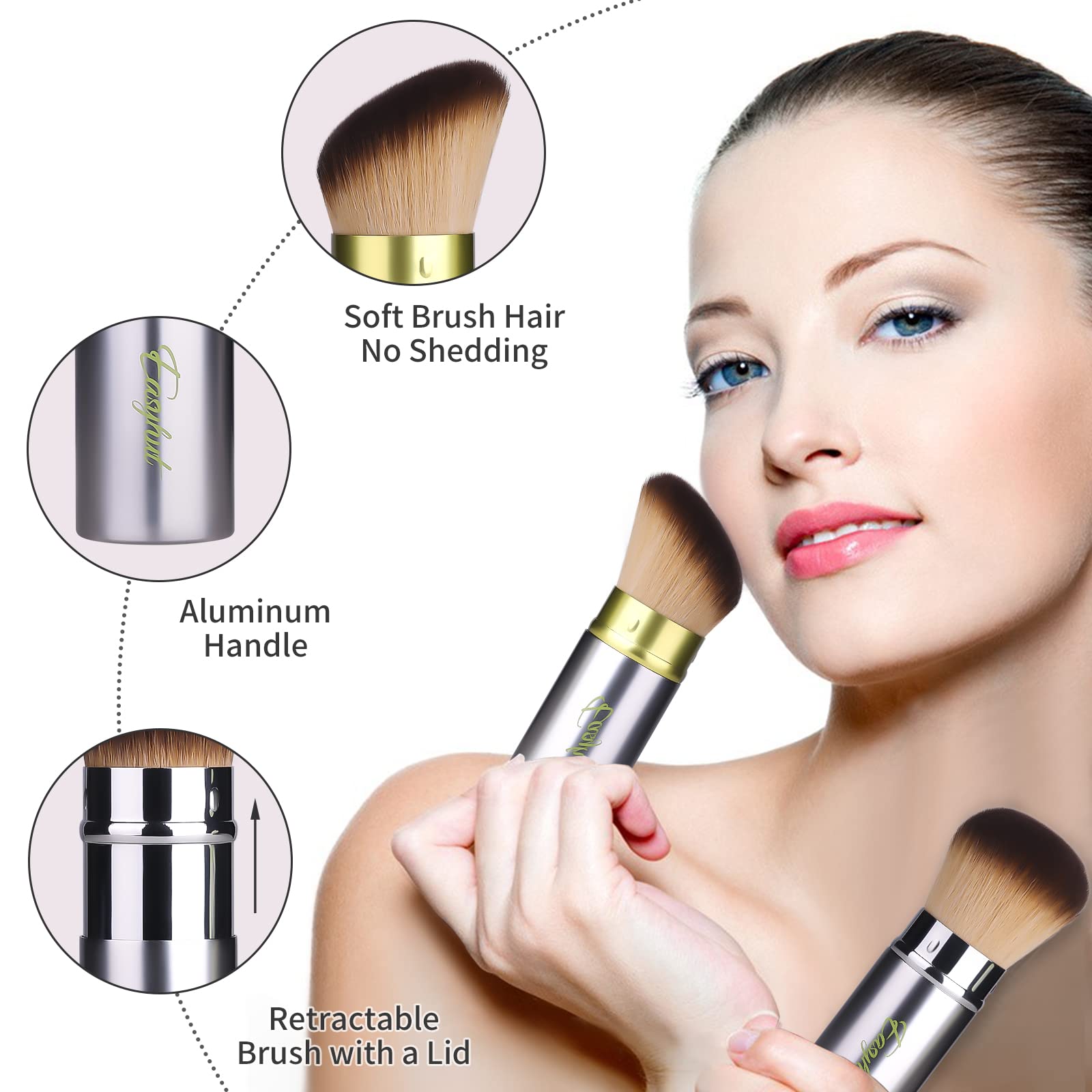 Retractable Kabuki Makeup Brushes 2 Pcs Blush Brushes Set Portable Powder Brushes with Flat and Angled Top for Liquid Cream Cosmetics Travel. (Silver Green)