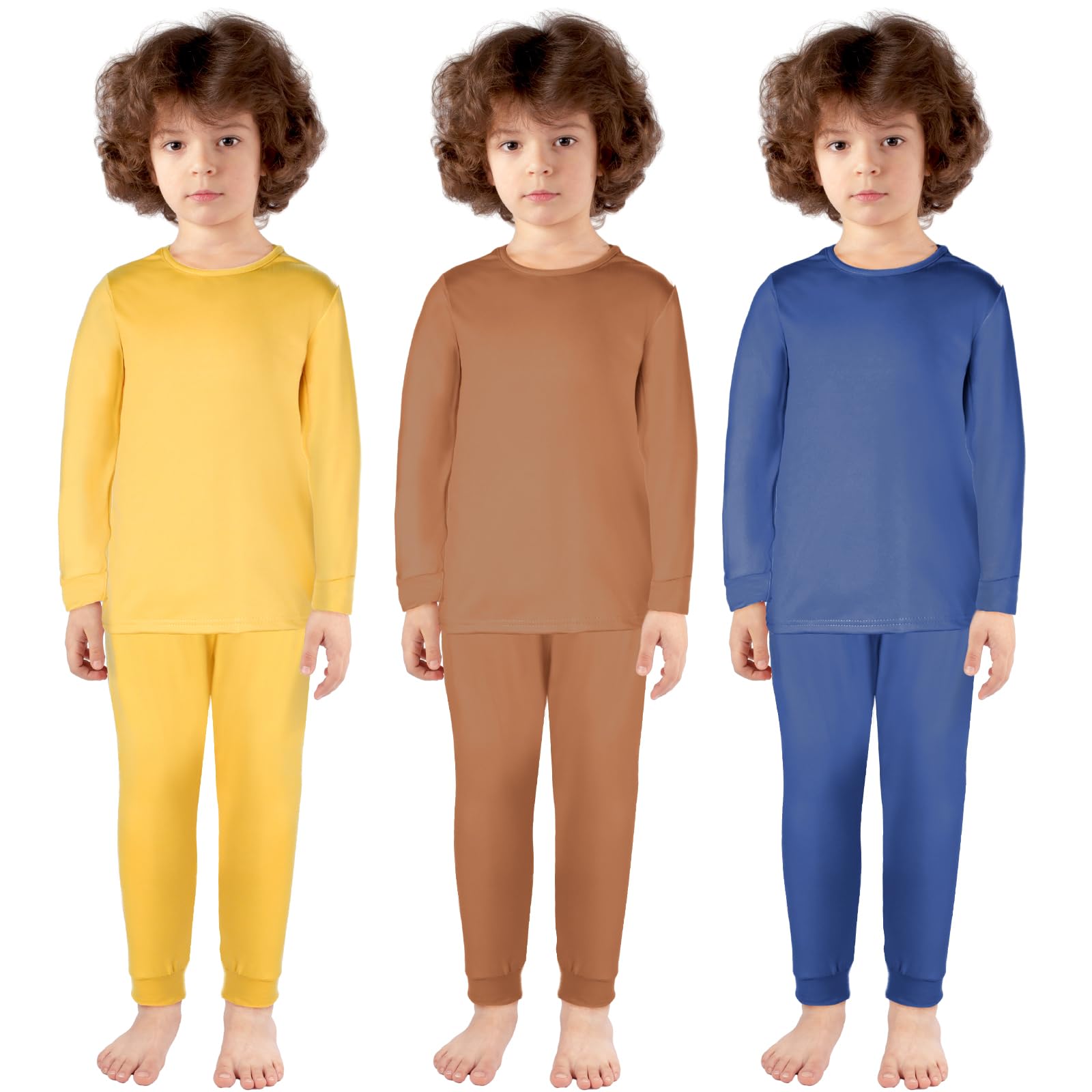 Silkfly 3 Set Kid Thermal Underwear Set Soft Fleece Lined Boys and Girls Long Winter Johns Base Layer Thermal Top and Bottom (Brown, Dark Blue, Yellow,3t)
