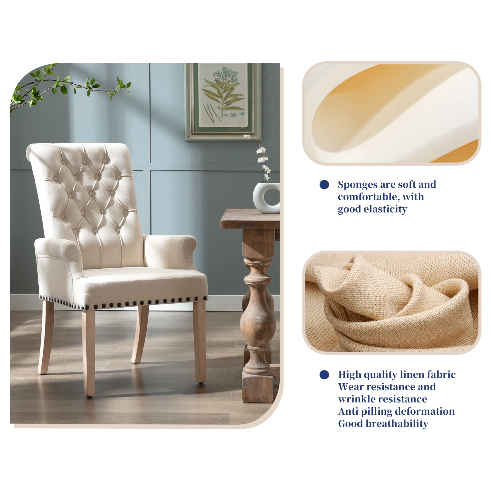 Restworld Dining Room Chairs with Arms,Tufted Upholstered High Back Nailed Trim with Untique Oak Wood Legs for Kitchen Restaurant Room Bedroom (Beige)