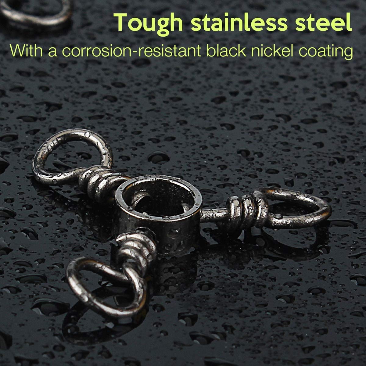 Stellar Black Nickel Stainless Steel Three Way Swivel Terminal Tackle for Saltwater Freshwater Triple Swivels Rigs (1/0, 50 Pack)