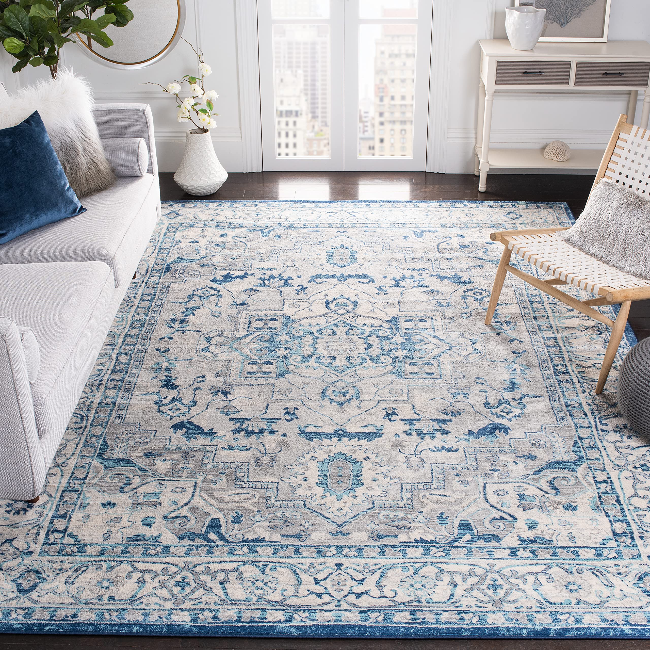 SAFAVIEH Brentwood Collection 3' x 5' Light Grey/Blue BNT851G Medallion Distressed Non-Shedding Living Room Bedroom Accent Rug