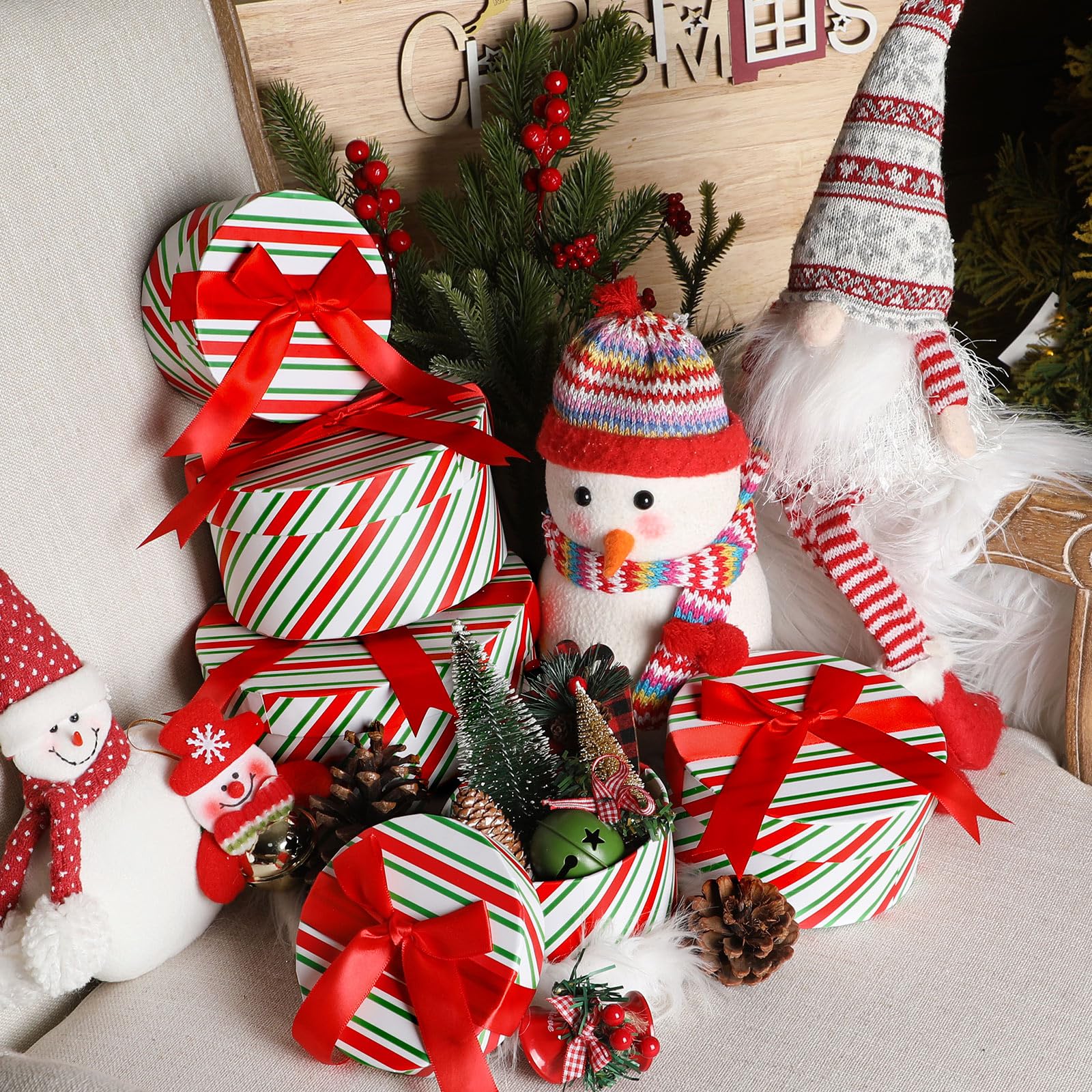 Qilery 8 Pcs Christmas Round Nesting Gift Boxes Candy Cane Gift Boxes Red and White Christmas Cookie Boxes with Lids 4 Assorted Size Stackable Cardboard Box with Red Ribbon for Gift Giving Wrapping