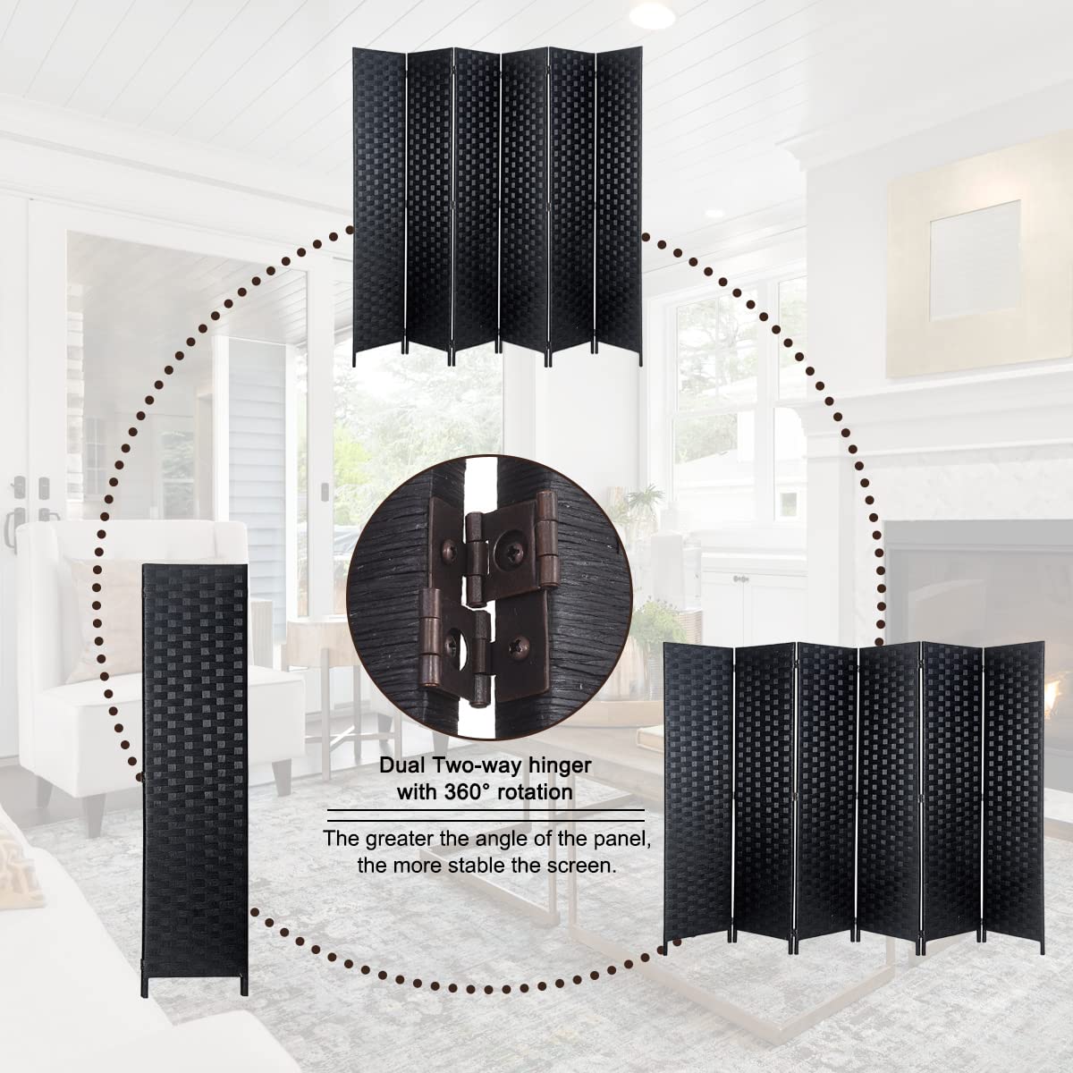 RHF 6 ft.Tall 16" Wide Room Dividers,Double Side Woven Fiber Divider,Better Privacy Screen,Folding Partition & Wall Divider,Space Seperate Indoor Decorative 6 Panel Screen,Freestanding- Black,6 Panels