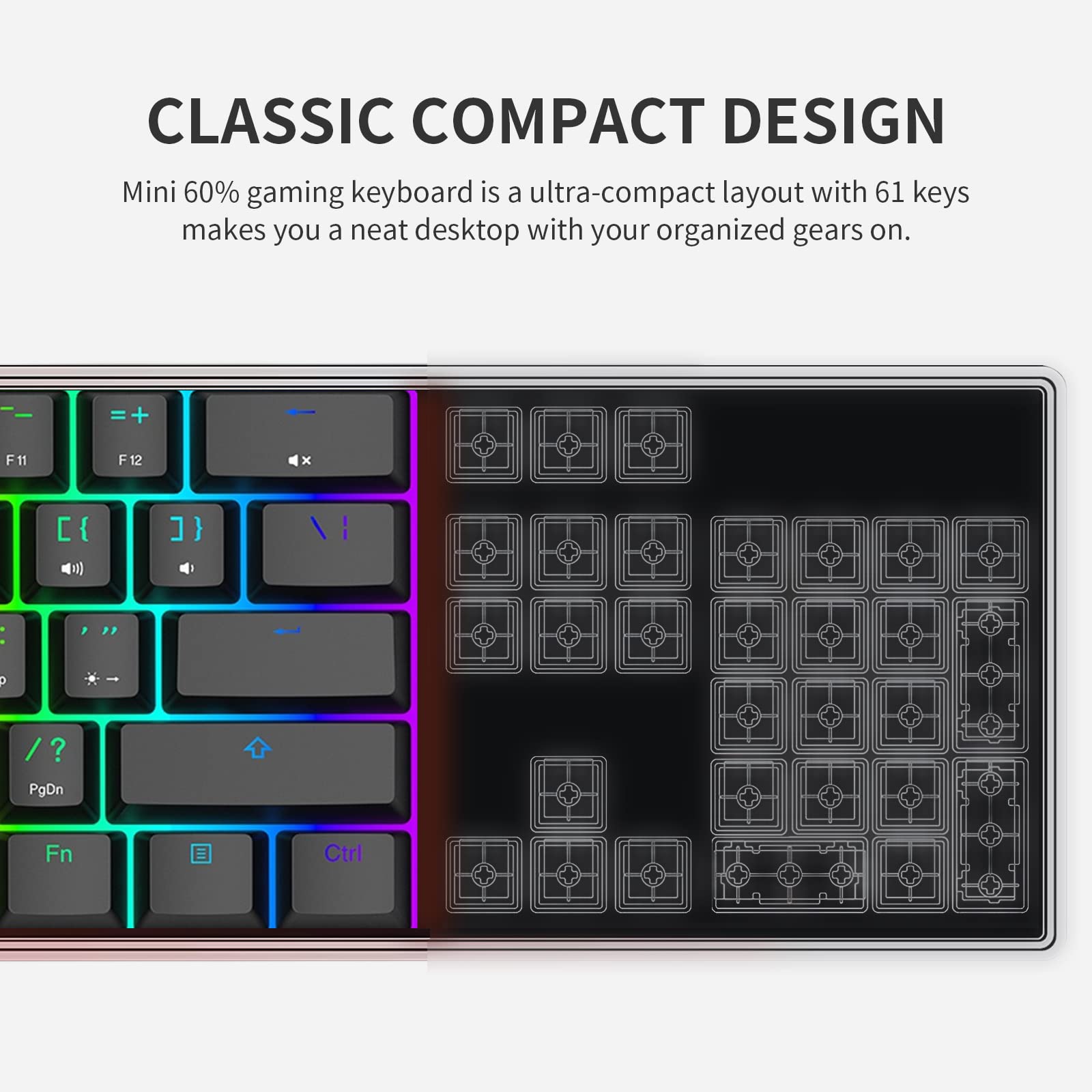 VIMUKUN 60% Mechanical Gaming Keyboard Wired 60 Percent Keyboard with LED RGB Rainbow Backlight Brown Switch for Windows PC Gaming (61 Keys, Black)