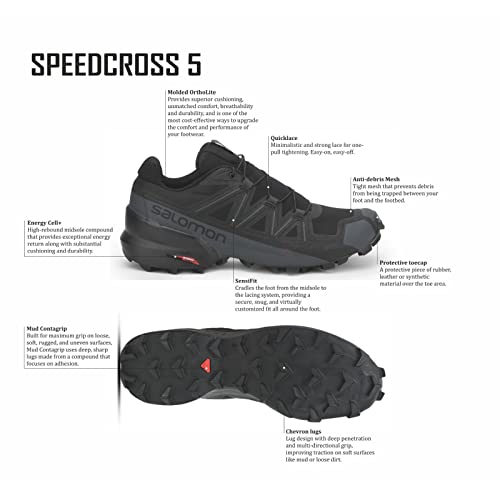 Salomon Speedcross 5 Trail Running Shoes for Men, Black/Black/Phantom, 13