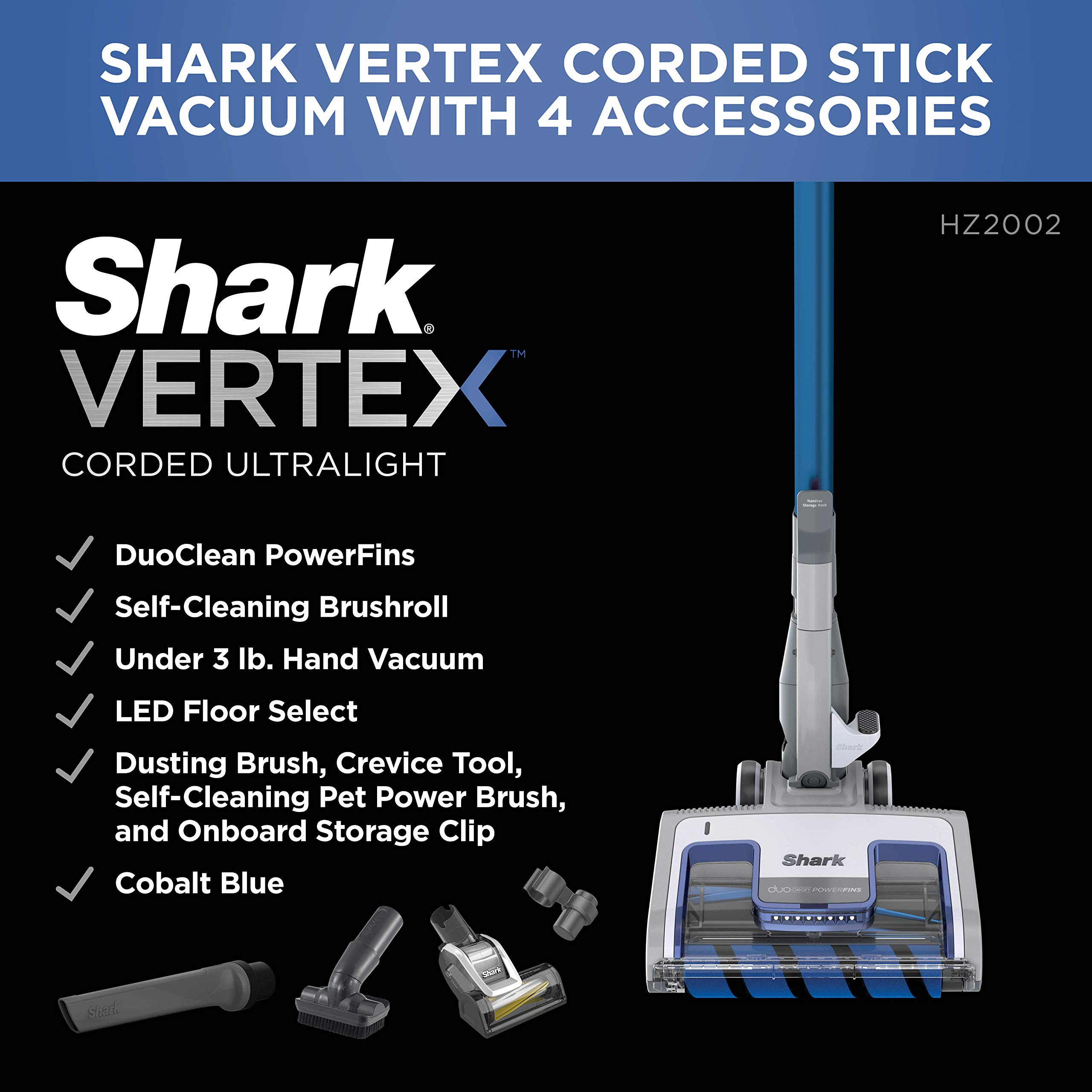 Shark HZ2002 Vertex Corded Ultralight DuoClean PowerFins Stick Vacuum with Self-Cleaning Brushroll (Renewed) (Cobalt Blue)