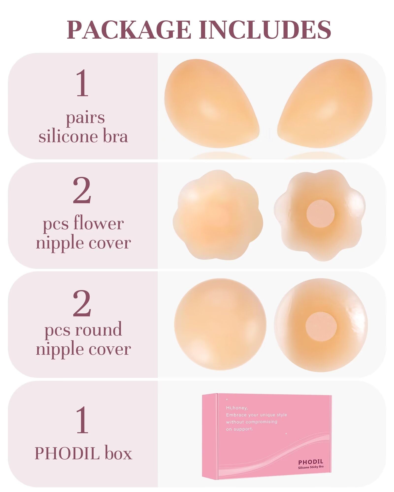 PHODIL Sticky Strapless Bra, Invisible Push Up Adhesive Bra,Backless Silicone Bras Washable for Women with Nipple Covers(Creme/D)