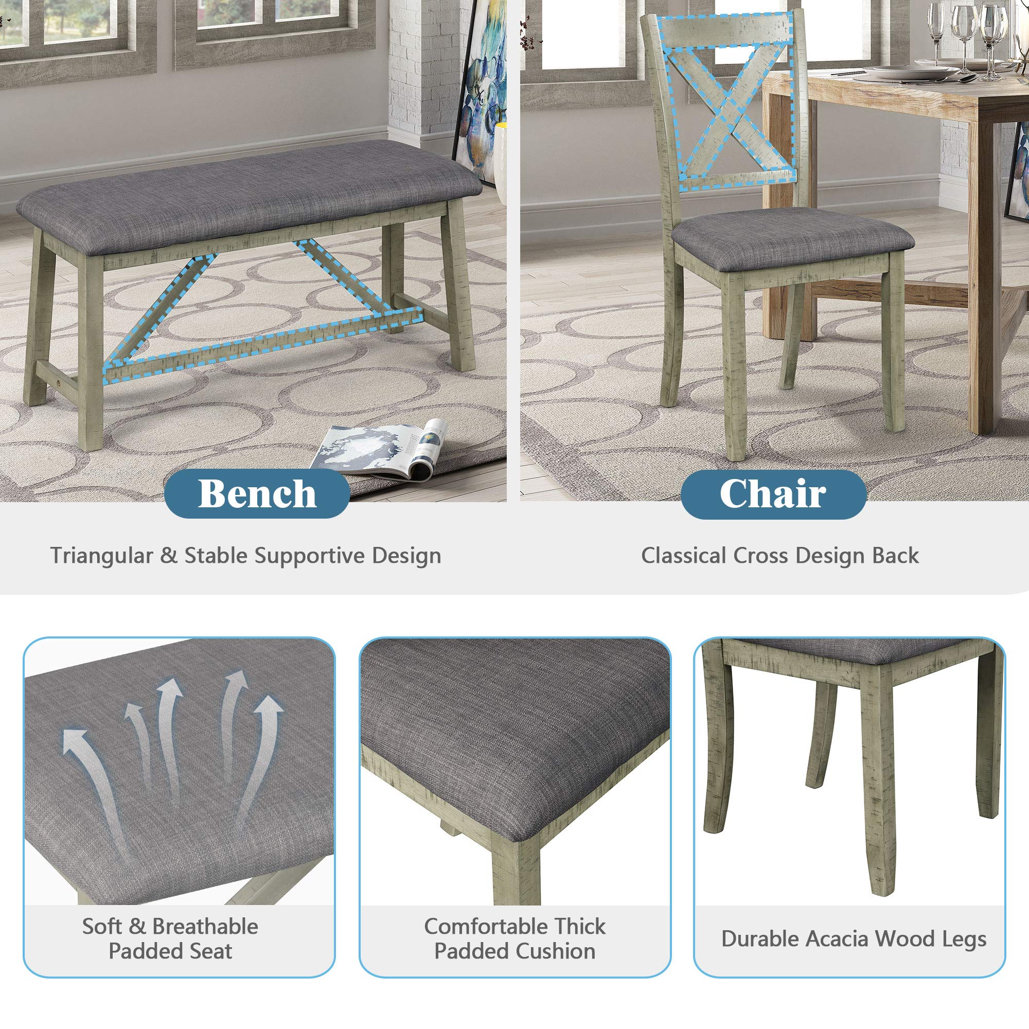 Prohon Wood 6 Piece Dining Set with 60" L Rectangular Table, Multifunctional Soft Bench and 4 X-Shaped Highback Chairs, Farmhouse Rustic Style Kitchen Furniture for Living Room/Apartments, Gray