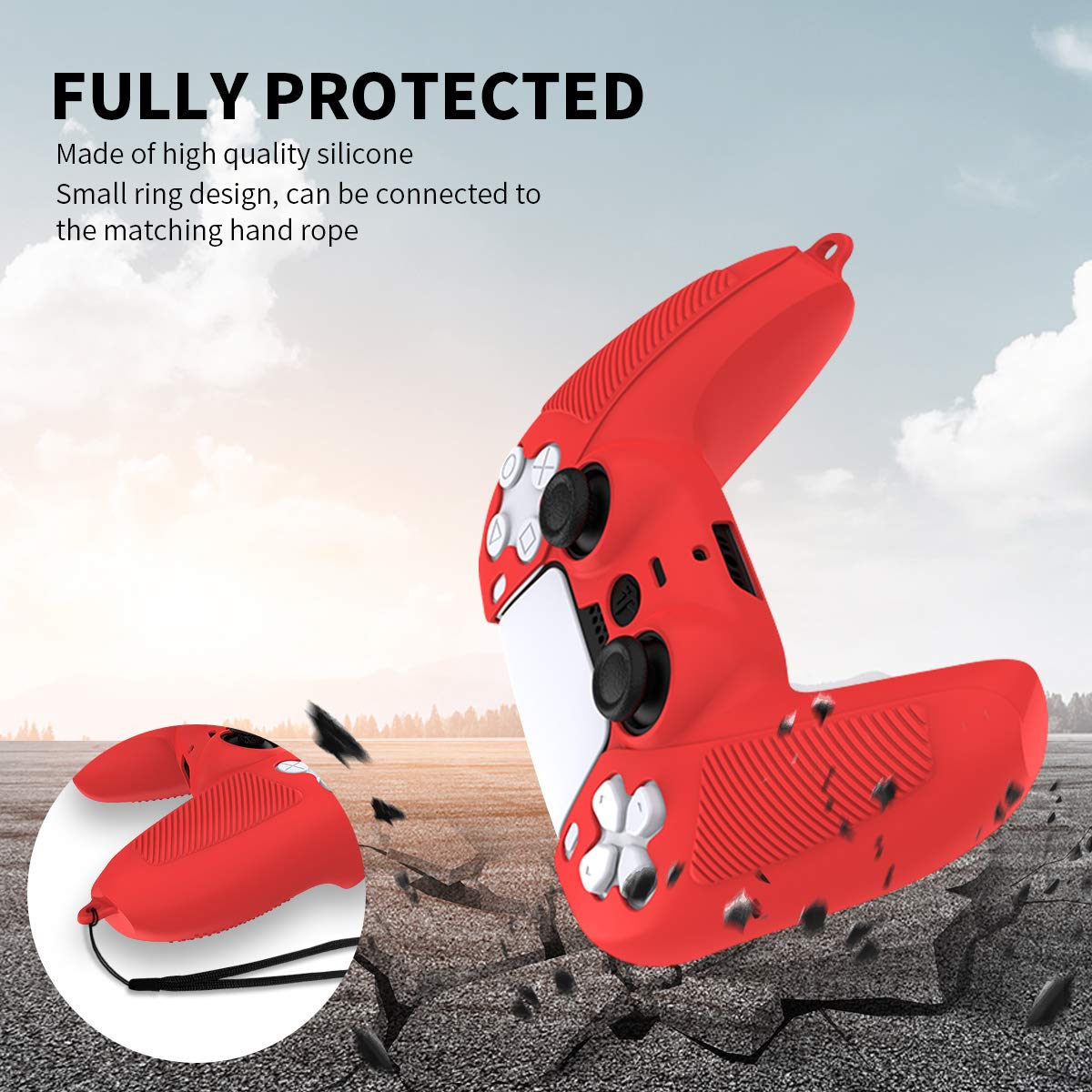 TOLUOHU Silicone Case Cover Skins for Sony PS5 DualSense Controller, Anti-Slip Design Silicone Protector Case Accessories Set for Playstation 5 Gamepad with 4 Thumb Grips/1 Hand Strap(Red)