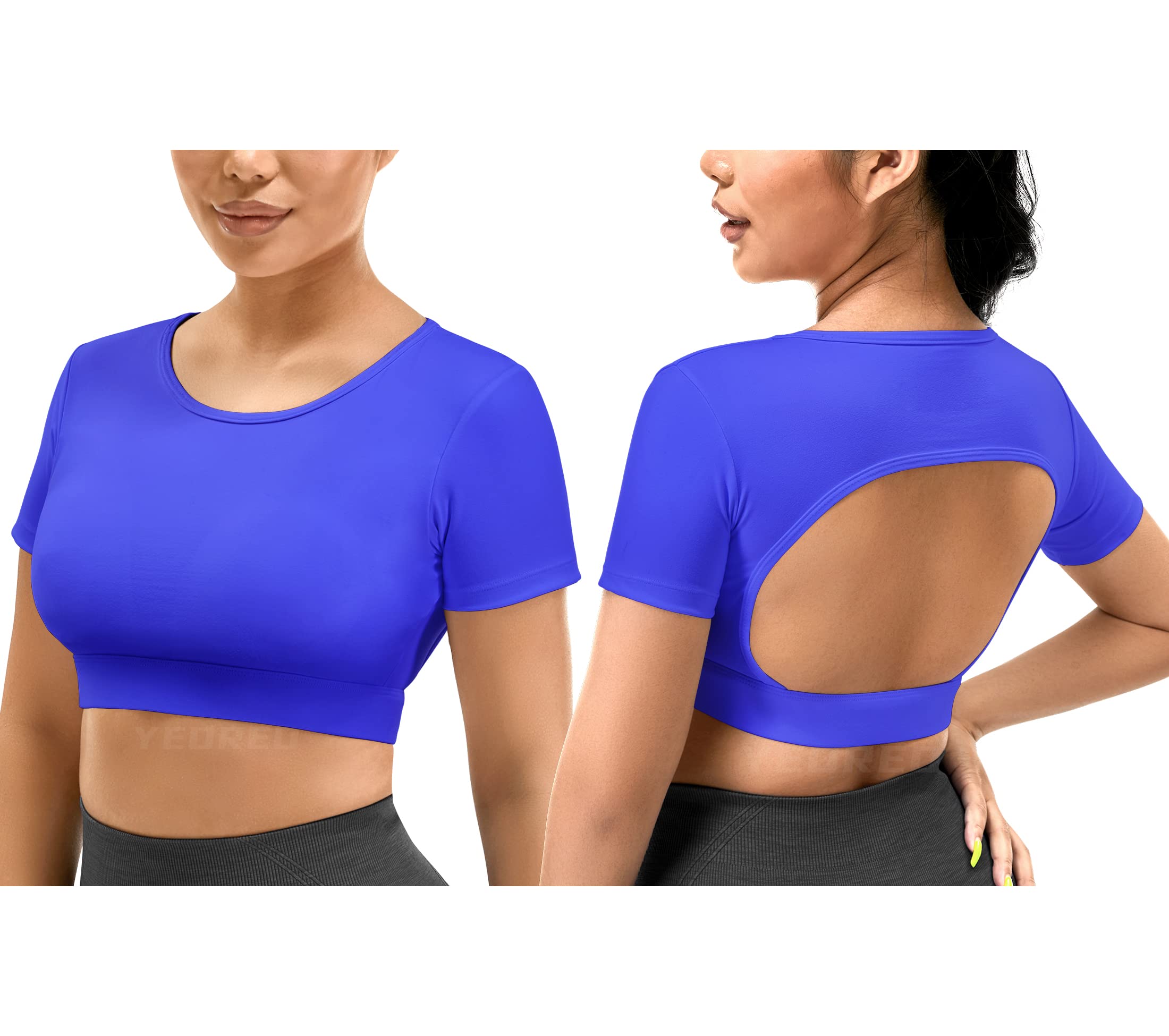 YEOREO Vanessa Women Tee Crop Tops with Removable Pad Workout Backless Gym Shirt Bra Going Out T Shirt Top Black