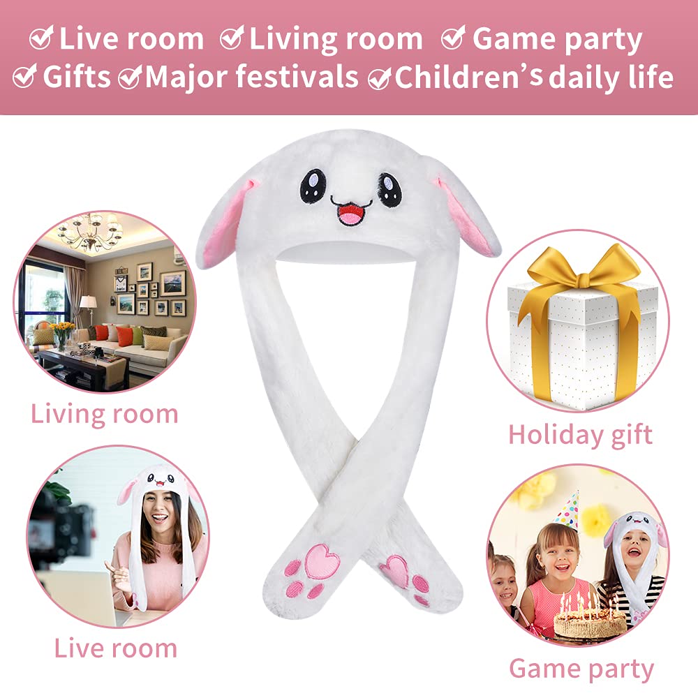 Rabbit Hat The Ears pop up After Pressing The Claws Hat Funny Bunny Cap for Girls,Christmas Party Holiday (White)