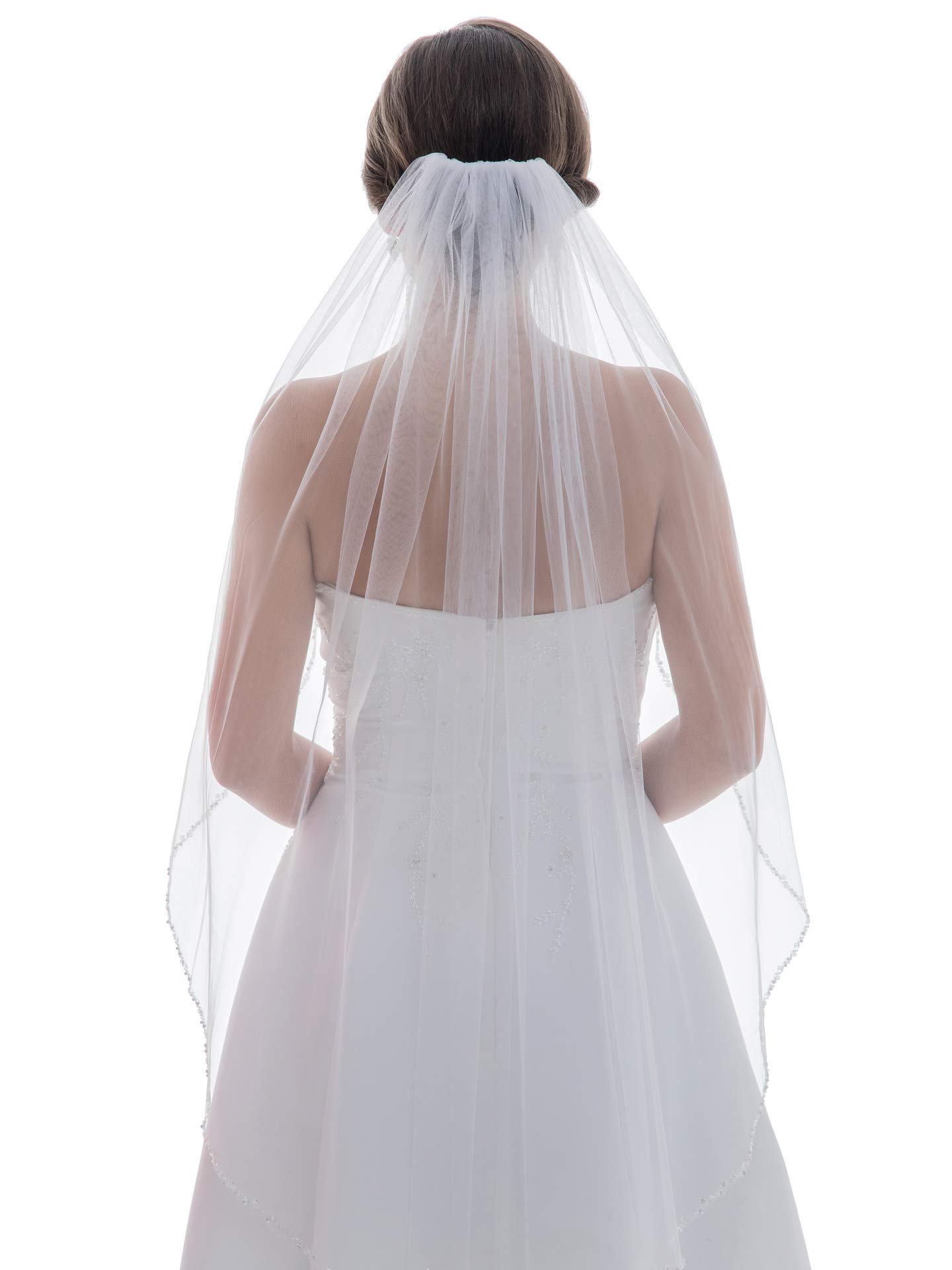SAMKY 1T 1 Tier Crystal Pearl Beaded Edge Bridal Wedding Veil - Light Ivory Fingertip Length 36" V576
