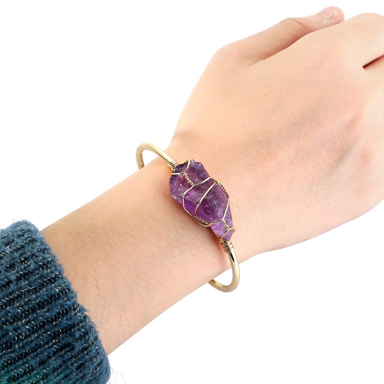 Top Plaza Natural Healing Crystal Amethyst Wrapped Gemstone Cuff Bracelet Womens Golden Cuff Bangle