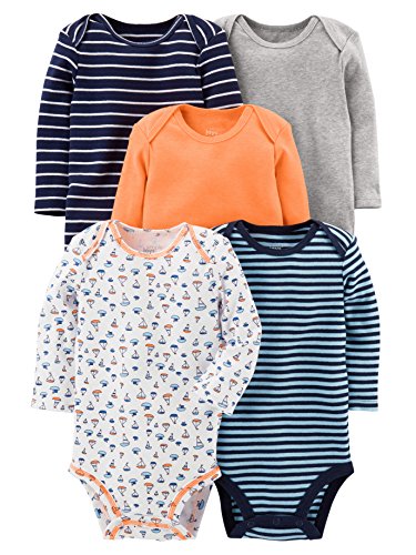 Simple Joys by Carter's Baby Boys' 5-Pack Long-Sleeve Bodysuit, Blue/Grey Heather/Navy Stripe/Orange/White Sailboats, 3-6 Months