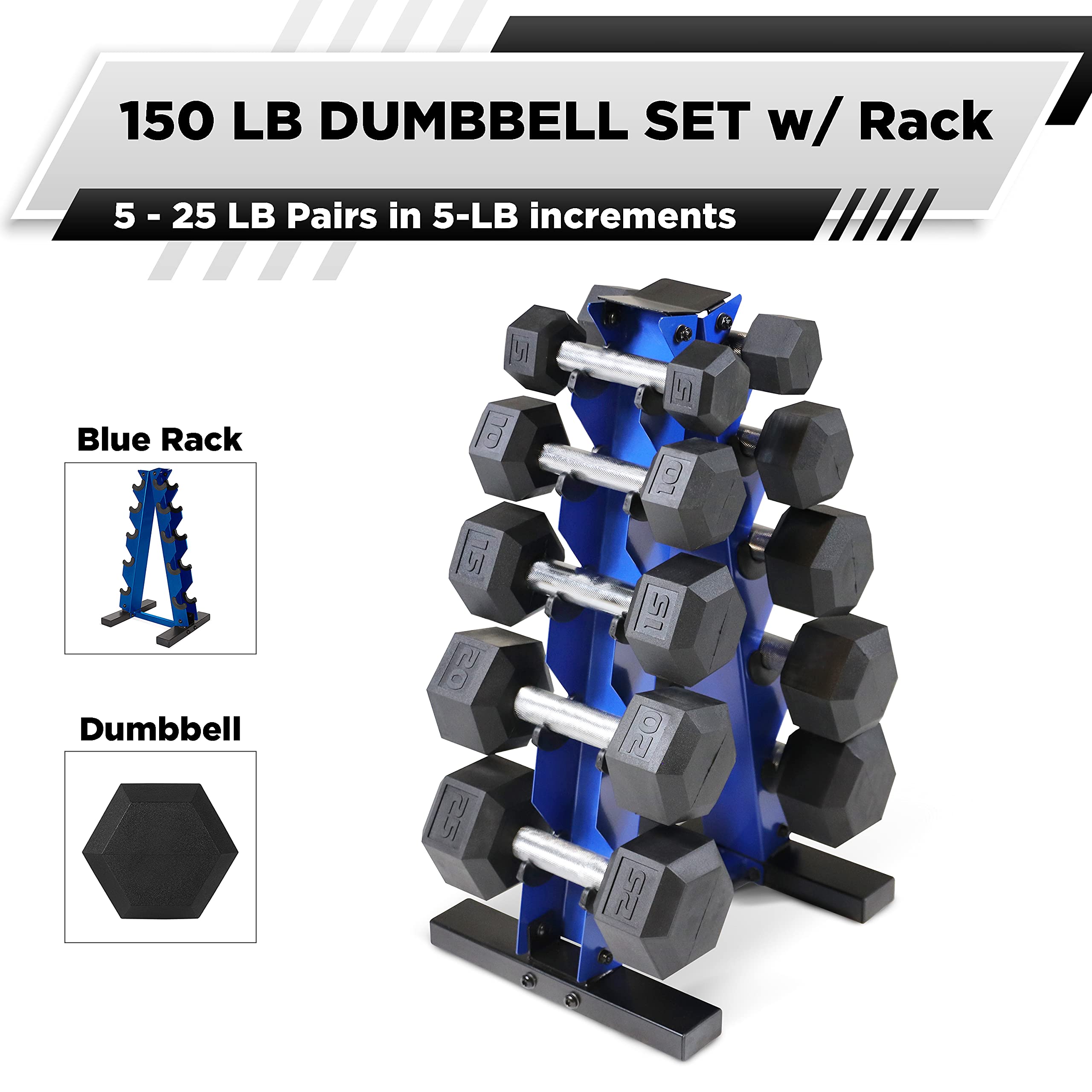 WF Athletic Supply 5-25Lb Rubber Coated Hex Dumbbell Set with A Frame Storage Rack Non-Slip Hex Shape for Muscle Toning, Strength Building & Weight Loss - Multiple Choices Available
