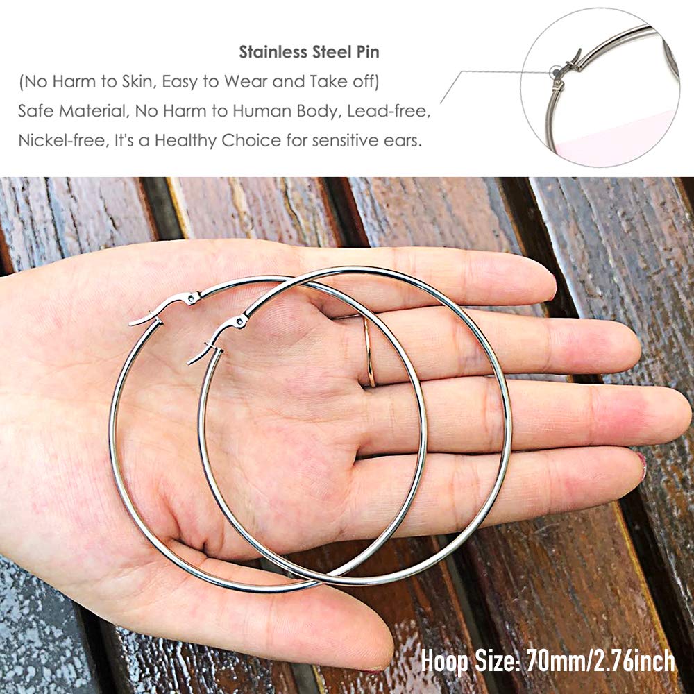 Silver Large Hoop Earrings for Women - Stainless Steel, Healthy Choice for Sensitive Ears (silver, 70)