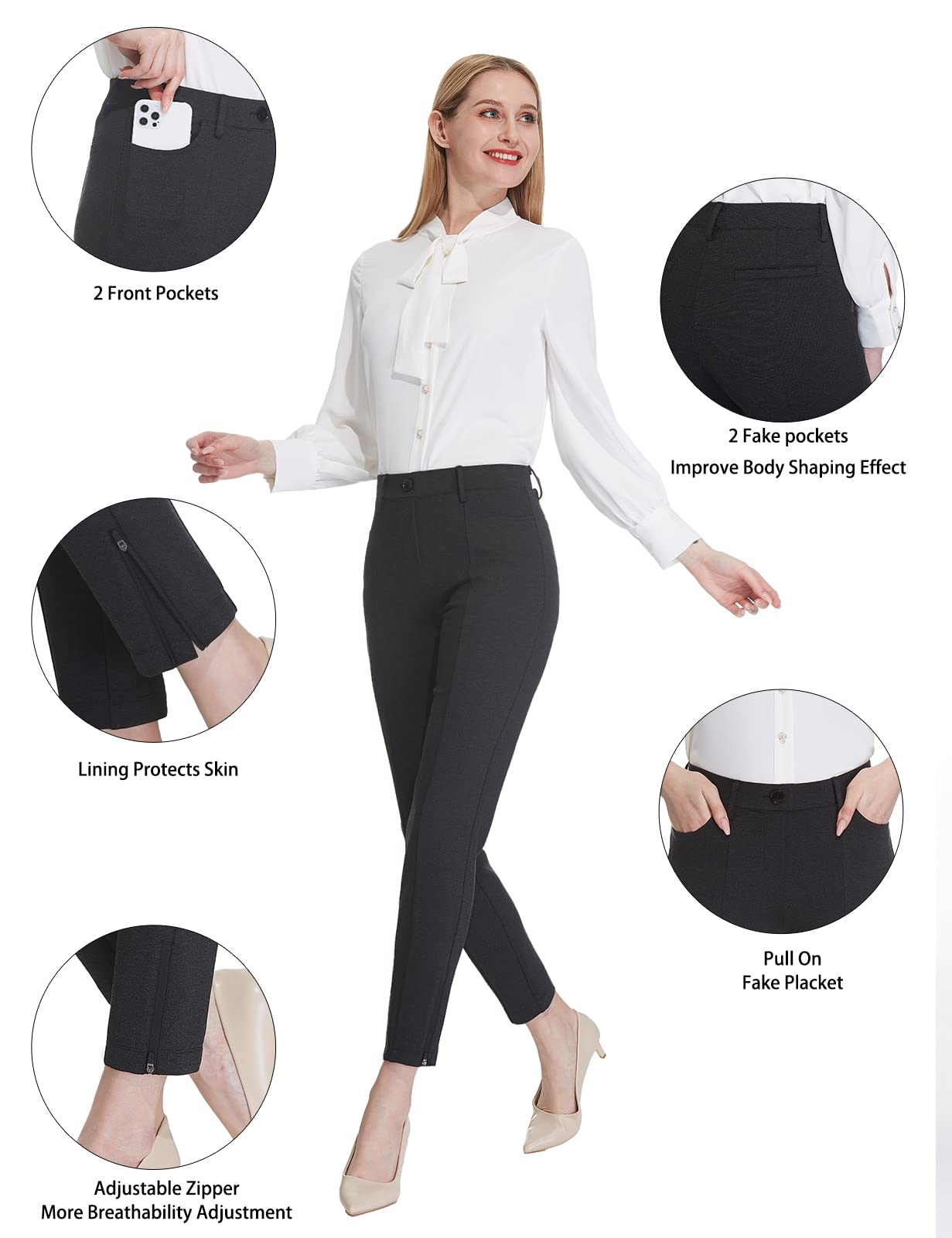 Tapata Women's Open-Ankle Slim Pants Petite/Regular/Long Length Slacks Business Casual Office Pants 26"/28"/30" Inseam Black M
