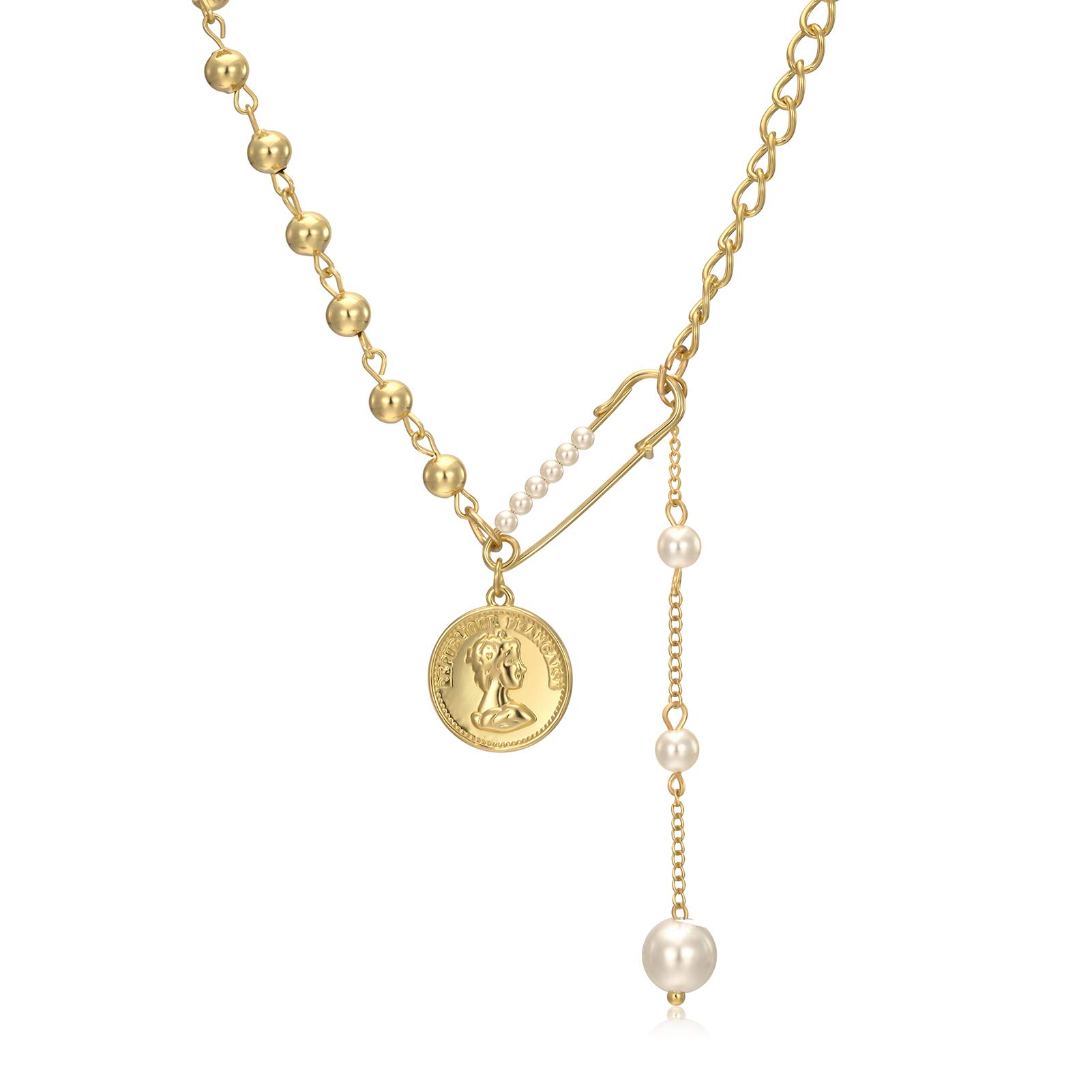 Y2K Necklace Coin Pendant Layered Necklace 18K Gold Plated Ball Splicing Chain Paper Clip Pearl Drop Fashion Y2k Choker Jewelry for Women Girl