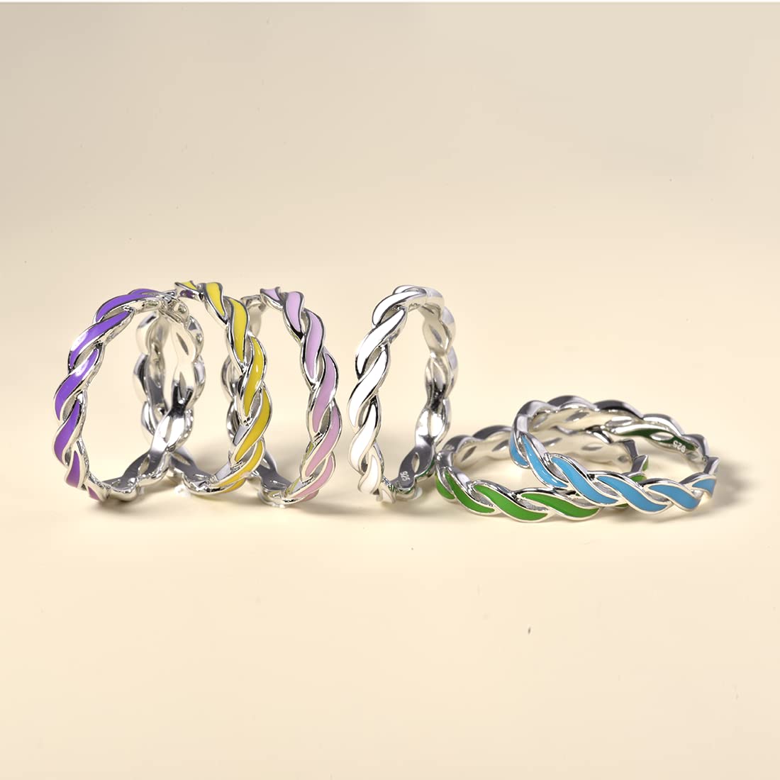 Santuzza 925 Sterling Silver Stacking Ring Handmade Enamel Colorful Twisted Stackable Ring for Women (White,6.5)