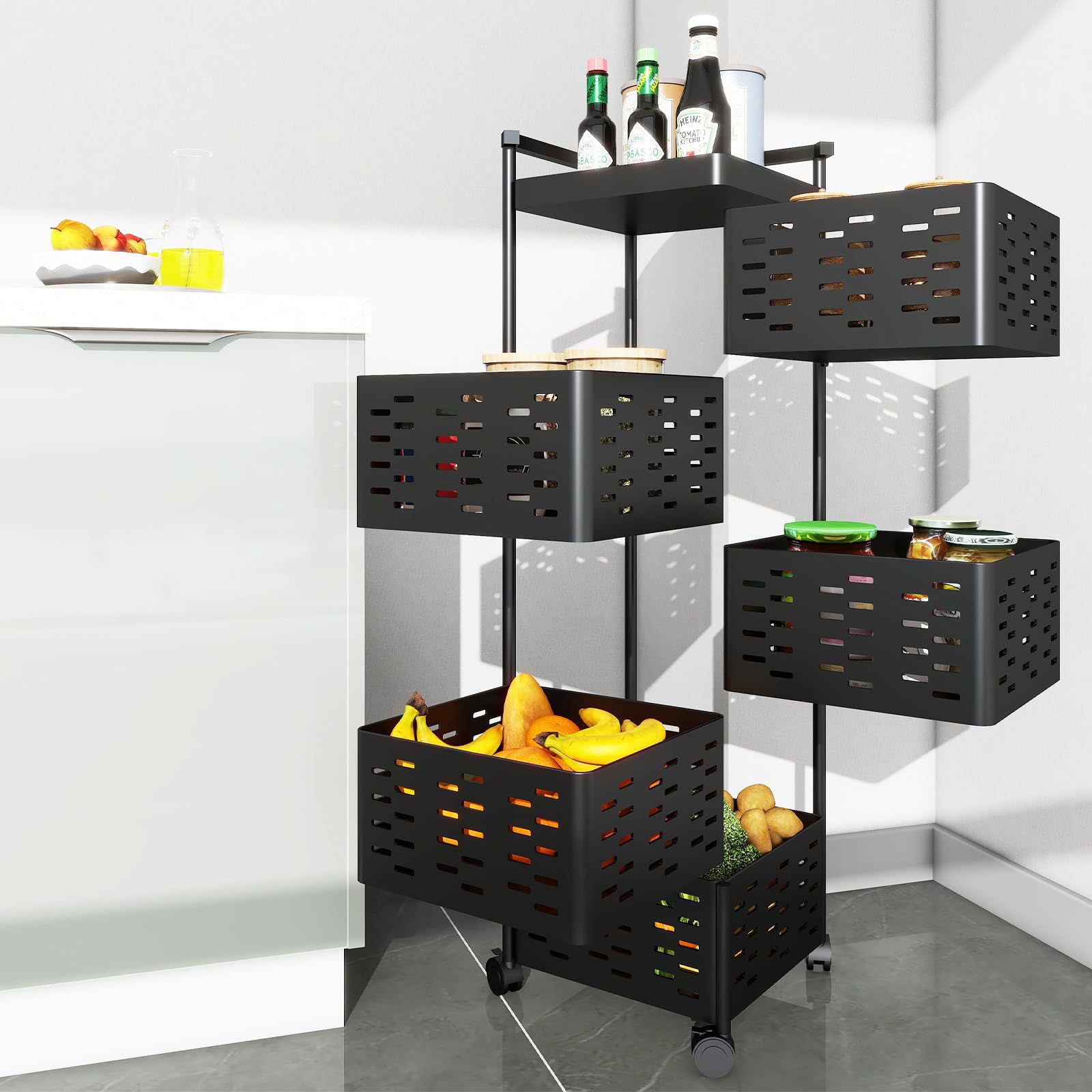 PzewMo Rotating Storage Rack, 5 Tiered Shelf Organizer, Metal Rolling Cart with Swivel Drawers, Fruit Basket, Kitchen Bathroom Pantry Organization, Vegetable Onion Potato Storage (Black)