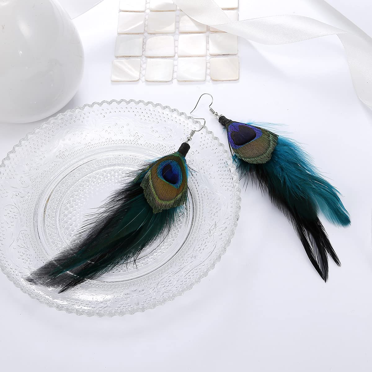 Winssigma Long Feather Earrings for Women Bohemian Dangle Earrings Lightweight Feather Statement Earrings Handmade Jewelry(Blue)