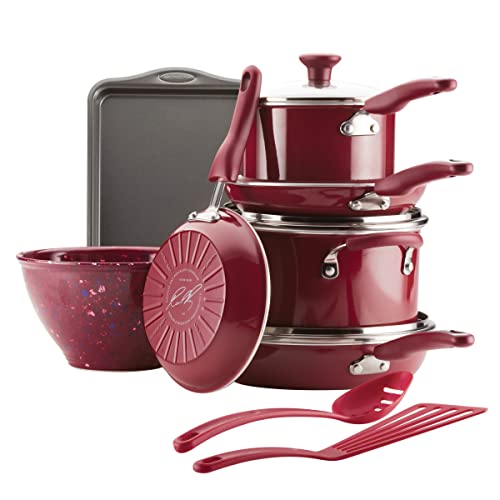 Rachael Ray Get Cooking! Nonstick Cookware Pots and Pans Set, Includes Baking Pan and Cooking Tools, 12 Piece - Burgundy,Red