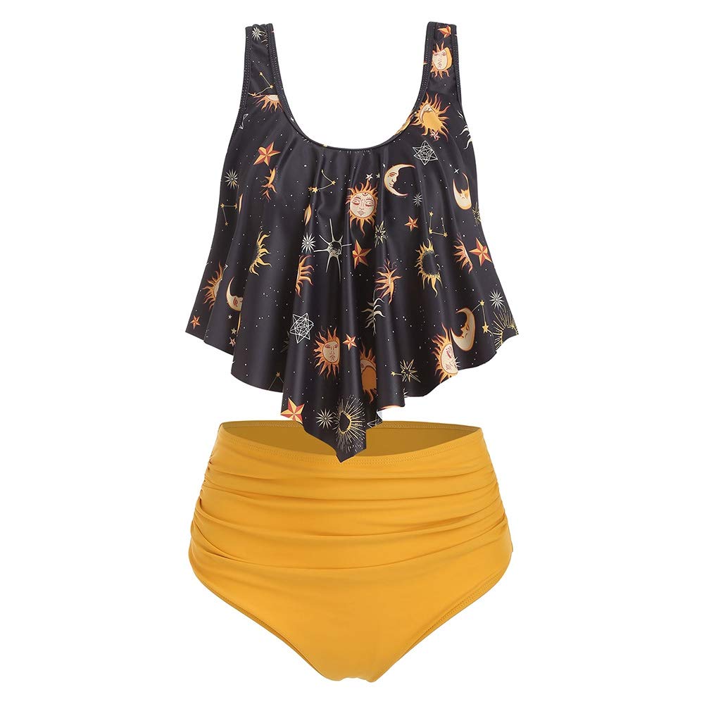 SevenDwarf Women's Sun Stars Moon Flounce High Waisted Tankini Swimsuit