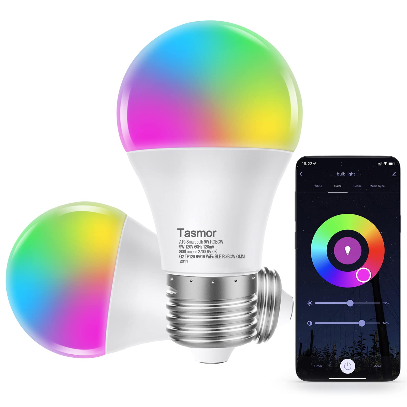 Tasmor Smart Light Bulbs, Color Changing Light Bulbs Works with Alexa & Google Assistant, Dimmable WiFi Light Bulb, RGBCW Multicolor LED Light Bulb A19 E26 60W Equivalent, No Hub Required, 2 Pack