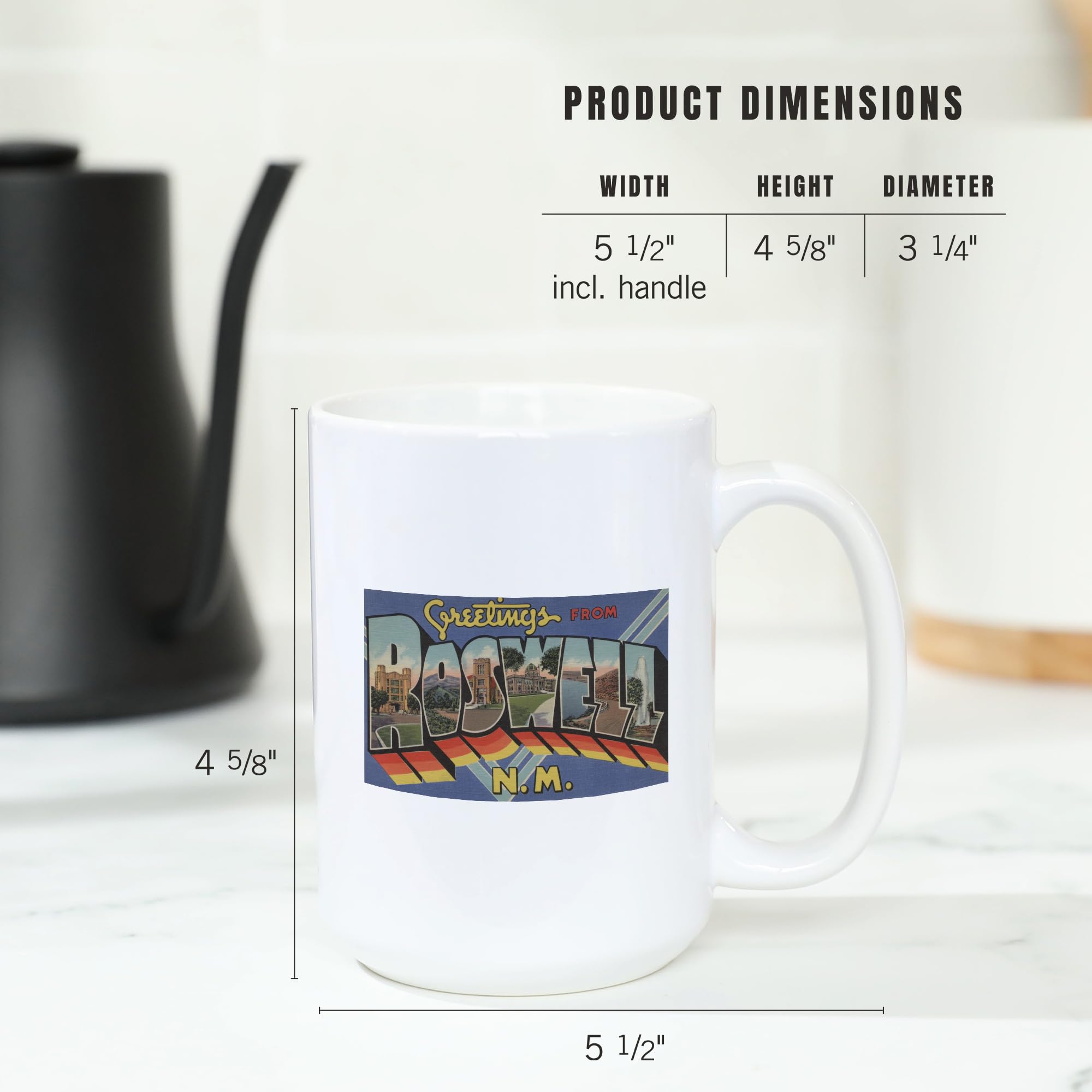 Roswell, New Mexico, Large Letter Scenes (15oz White Ceramic Coffee and Tea Mug, Dishwasher and Microwave Safe)