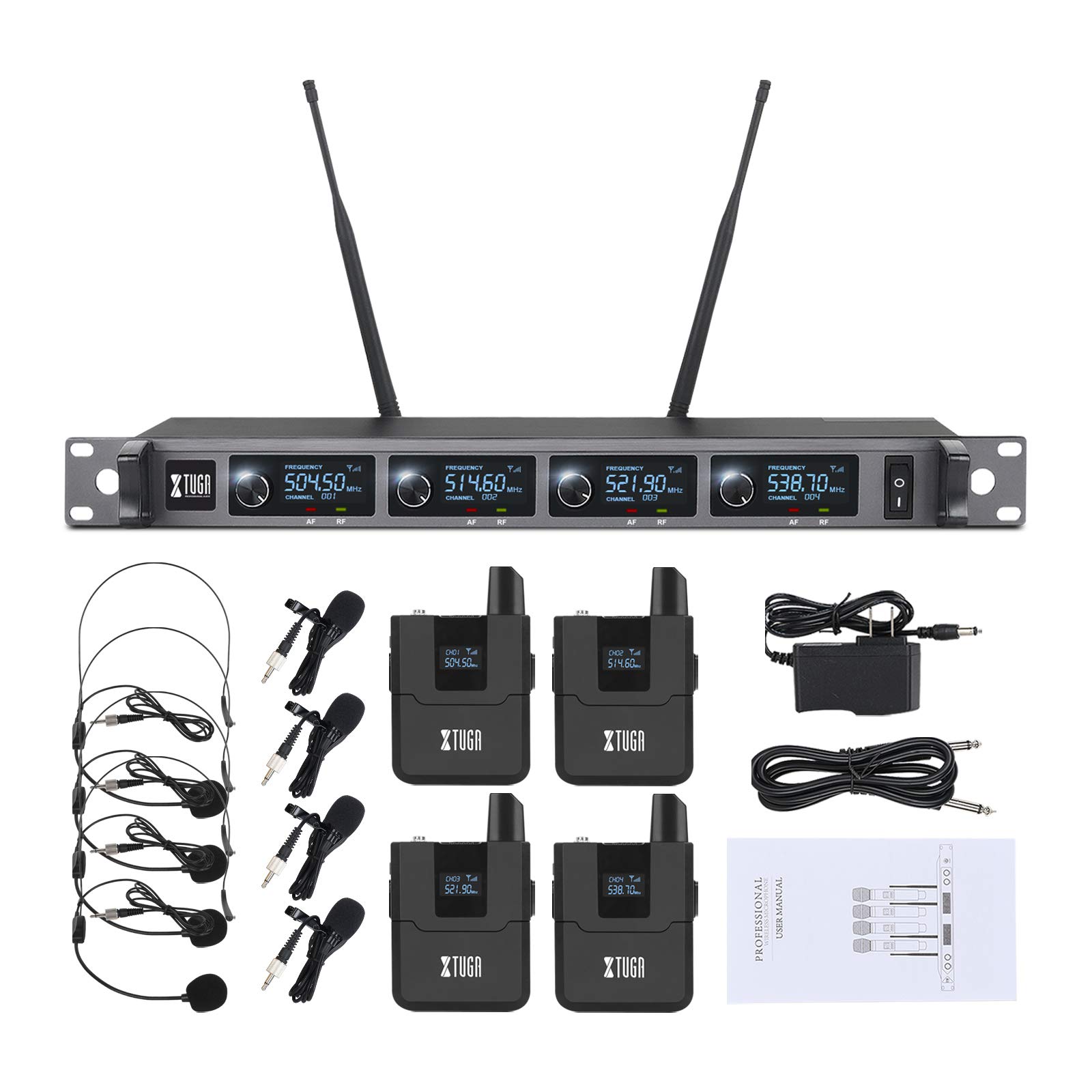 XTUGA A140 Wireless Microphone System, 4-Channel UHF Cordless Mic Set with Four Gooseneck Mics, All Metal Build, Fixed Frequency, Long Range 300ft, Ideal for Church,Karaoke (4 Gooseneck)