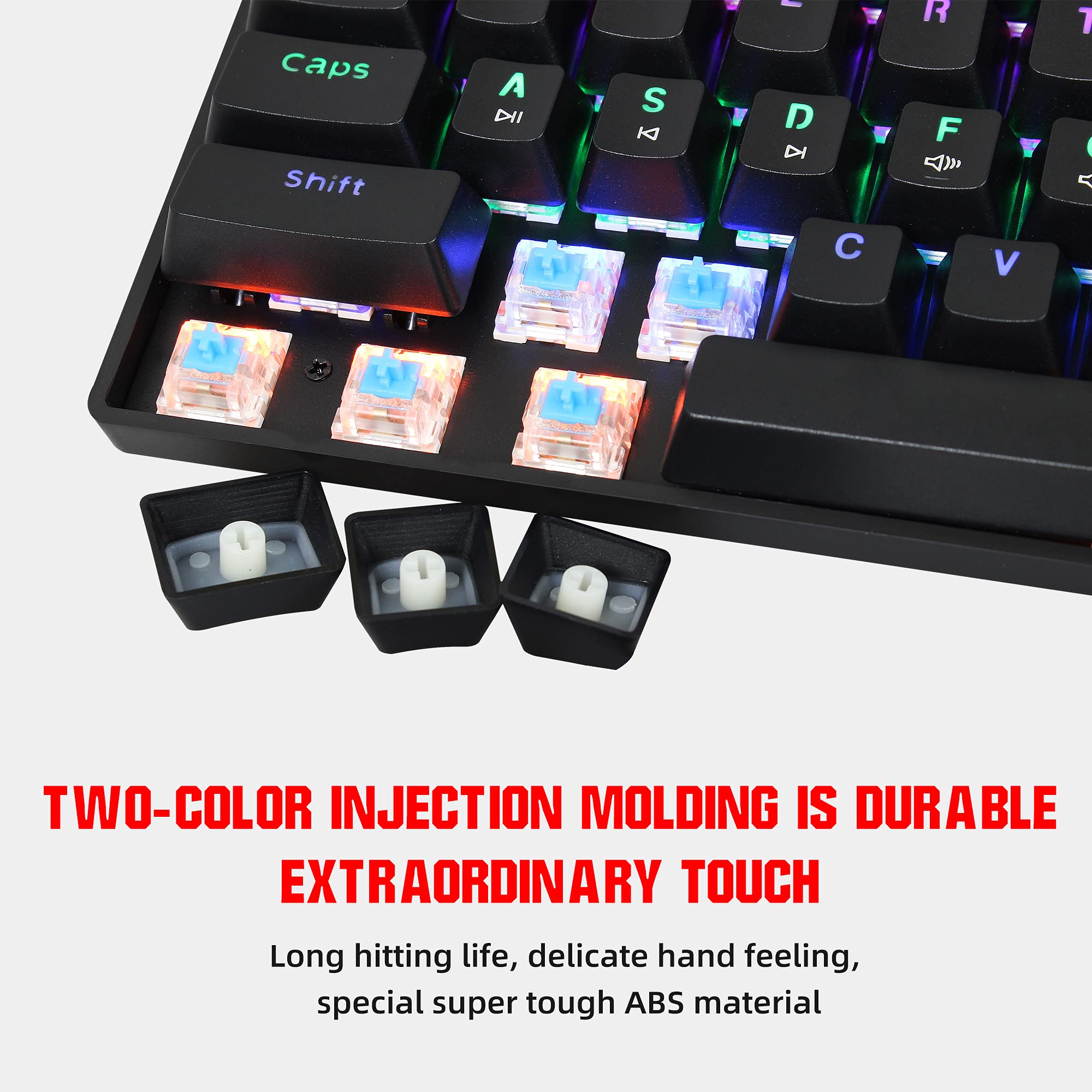 Wired 60% Mechanical Gaming Keyboard Mini Portable with Rainbow Backlit Full Anti-Ghosting 61 Key Ergonomic Double Foot Stand Type-C USB Waterproof for Typist Laptop PC Mac Gamer (Blue Switch),Black