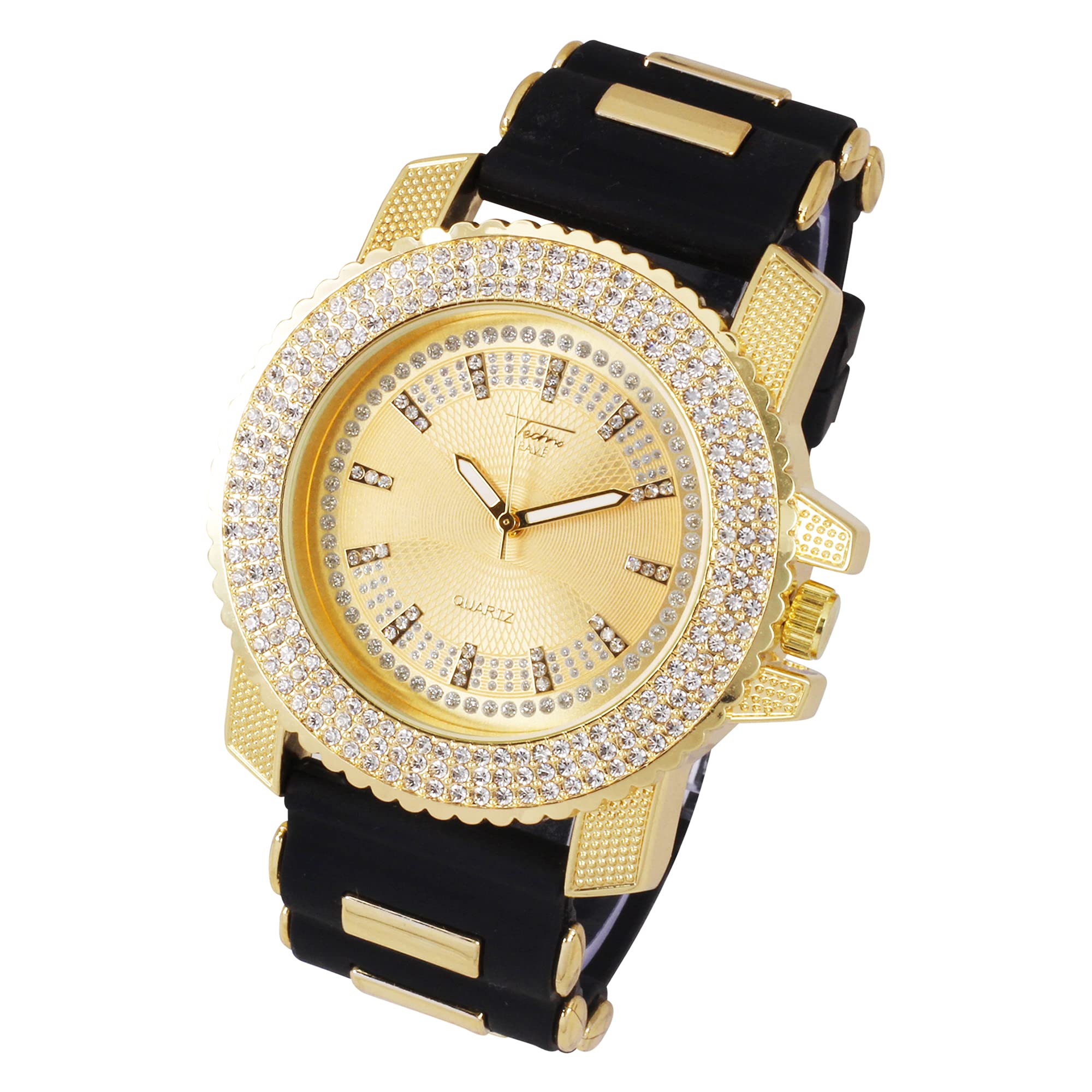 Techno Pave Men's 46mm Iced Diamond Watch, Silicone Band - Silver Black Dial