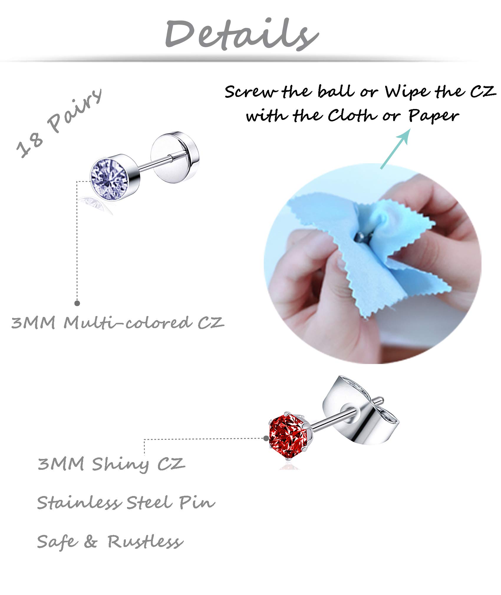 Tornito 20G 18 Pairs Stainless Steel Multicolor CZ Stud Earrings Set Piercing Cartilage Helix Earrings Set Screwback for Women 3MM-5MM
