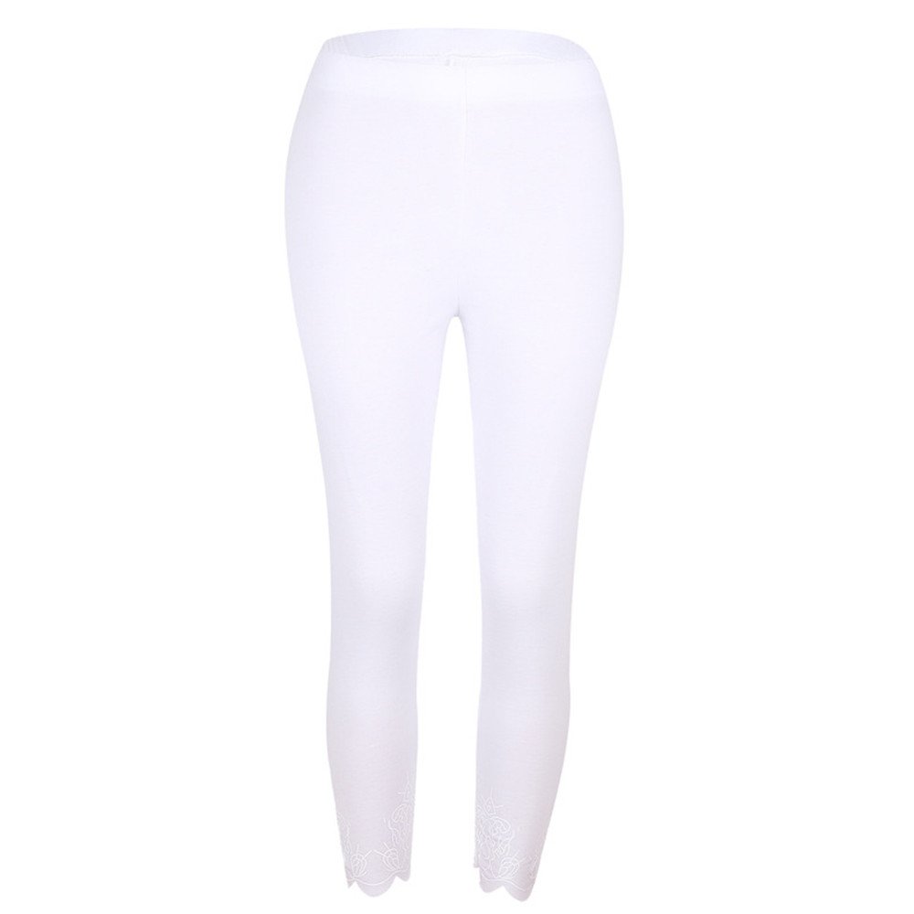 Women's Lace Leggings Plus Size High Waisted Yoga Pants Capri Cropped Leggings Stretch Workout Running Pants Tights A - White
