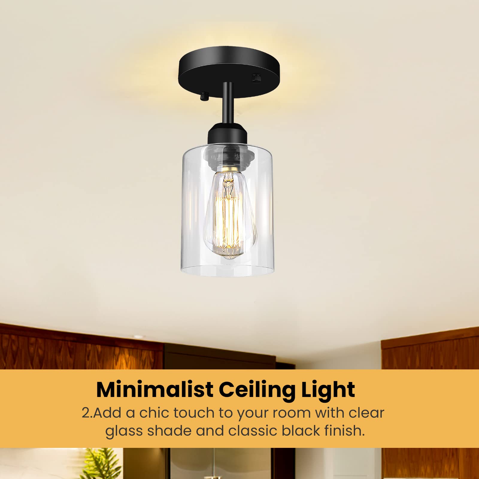 Sheetea 3-Pack Semi Flush Mount Ceiling Lights, Modern Close to Ceiling Light Fixtures with Clear Glass Shades, Black Industrial Lighting Ceiling Mount for Hallway Entryway Kitchen Bedroom Foyer