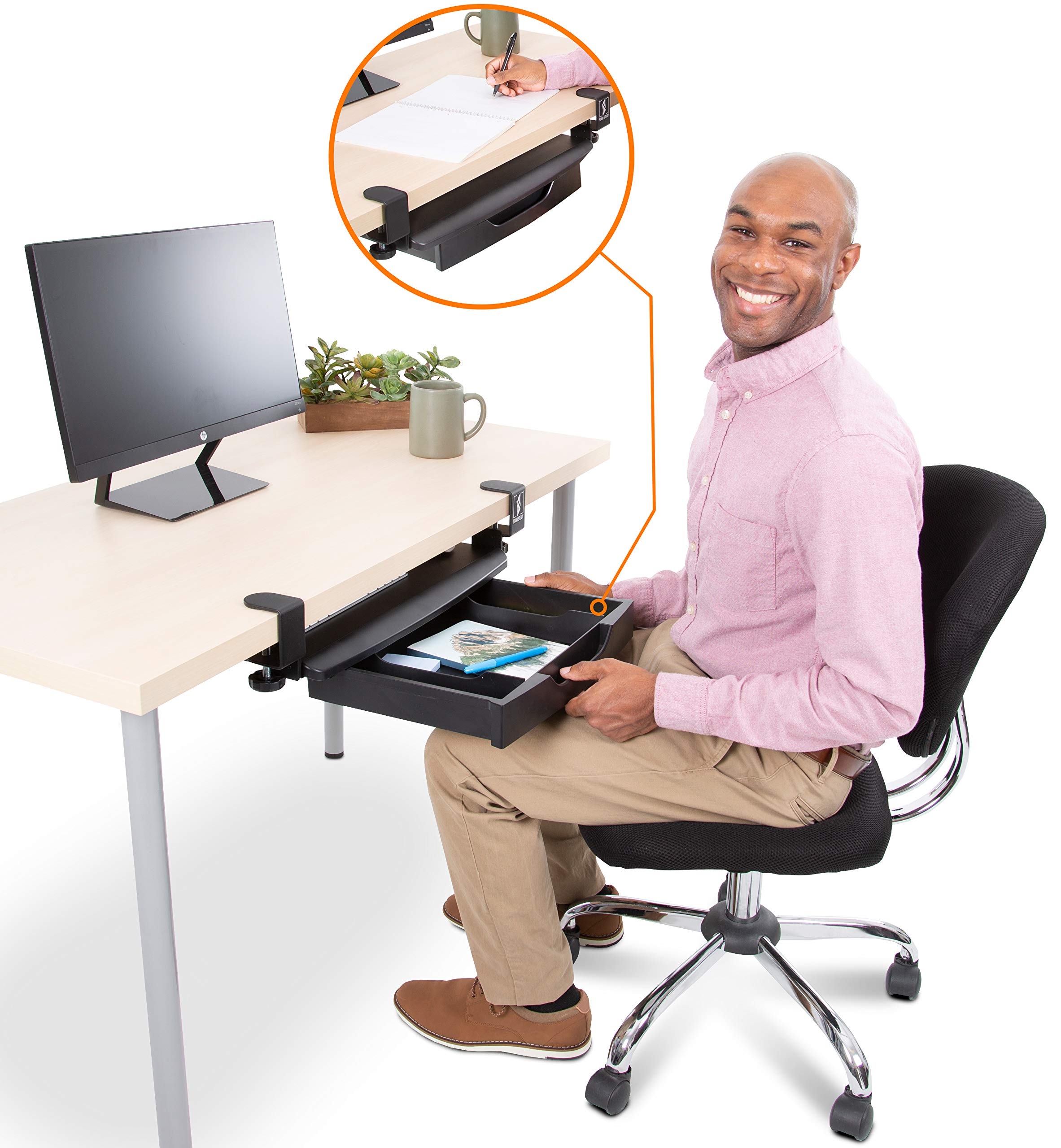Stand Steady Clamp On Keyboard Tray with Drawer | Two in One | Under Desk Storage w/Damage-Free Easy Installation - No Drilling Needed | 3 Compartment Organizer w/Removable Dividers (24.5 x 11.8)