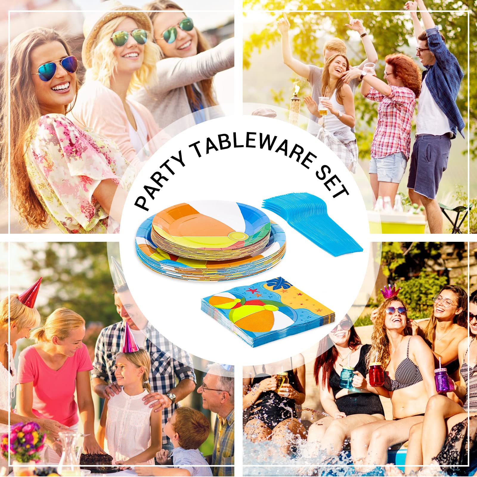 SCIONE 96 Pcs Summer Pool Ball Party Plates and Napkins - Beach Ball Theme Party Supplies Tableware For Kids Serves 24