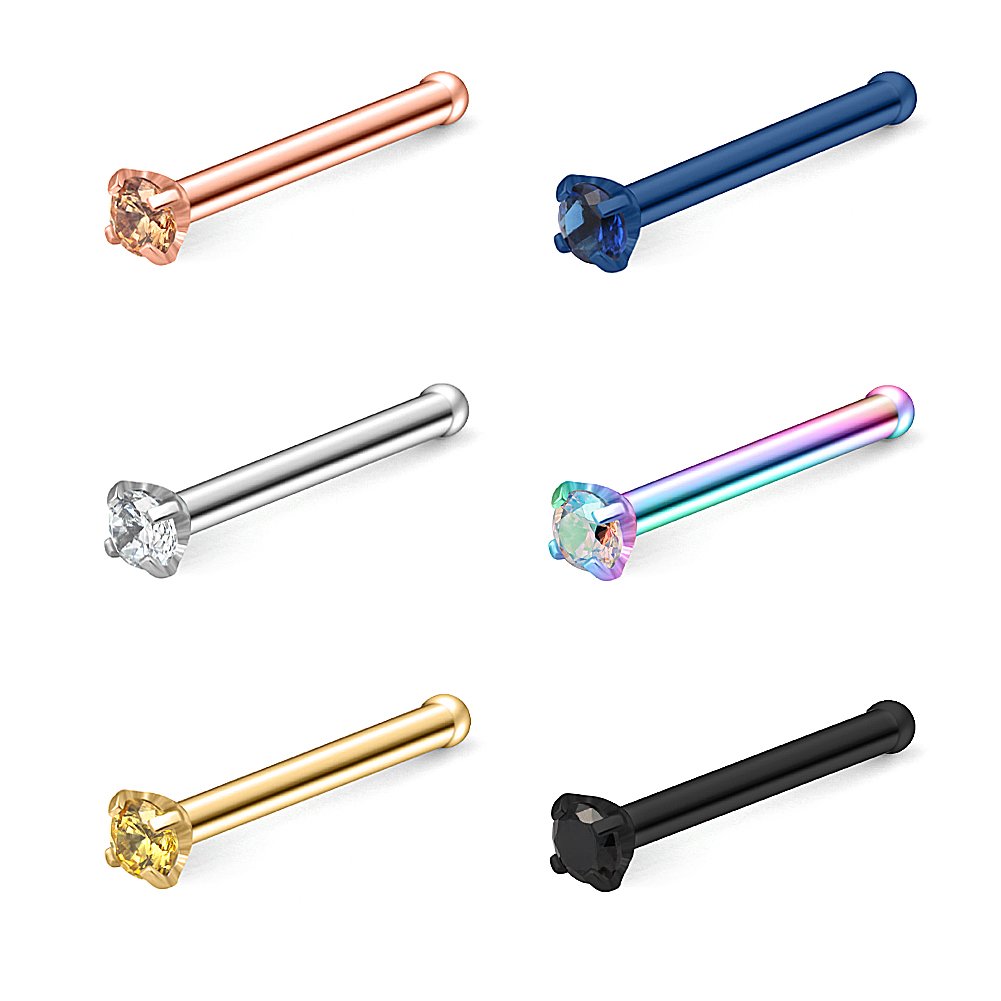 Ruifan 6PCS 20G Surgical Steel Mix Color Diamond CZ Nose Stud Rings Bone Pin Piercing Jewelry 1.5mm